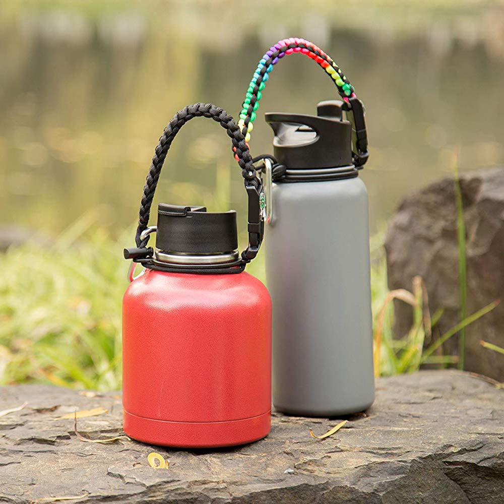 Paracord Holder Handle for Hydro Flask, Fit 12-64 oz Wide Mouth Bottles,Carrier Survival Strap Cord with Safety Ring and Carabiner(Green-Black)