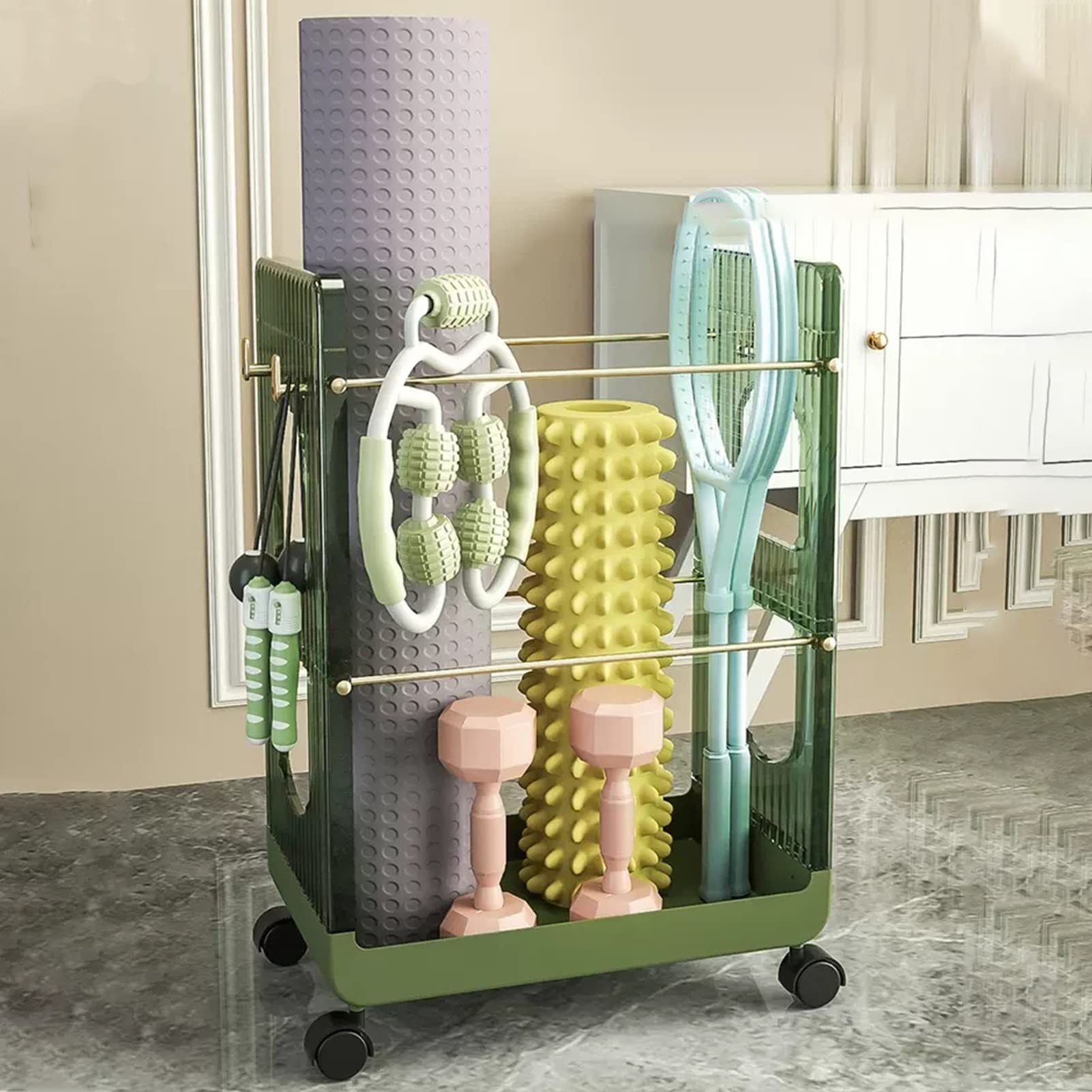 Yoga Mat Holder Fitness Yoga Mat Storage Racks Display Shelf, Multifunctional Yoga Mat Holder Mobility Equipment with Wheels/Hooks, Exercise Mats Organizer (Color : Green)