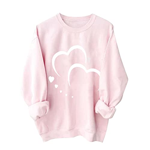 Valentine's Day Shirt for Women, Love Heart Graphic Tees Crewneck Long Sleeve Loose Fit Pullover Tops Sweatshirts(D#Pink,XX-Large)