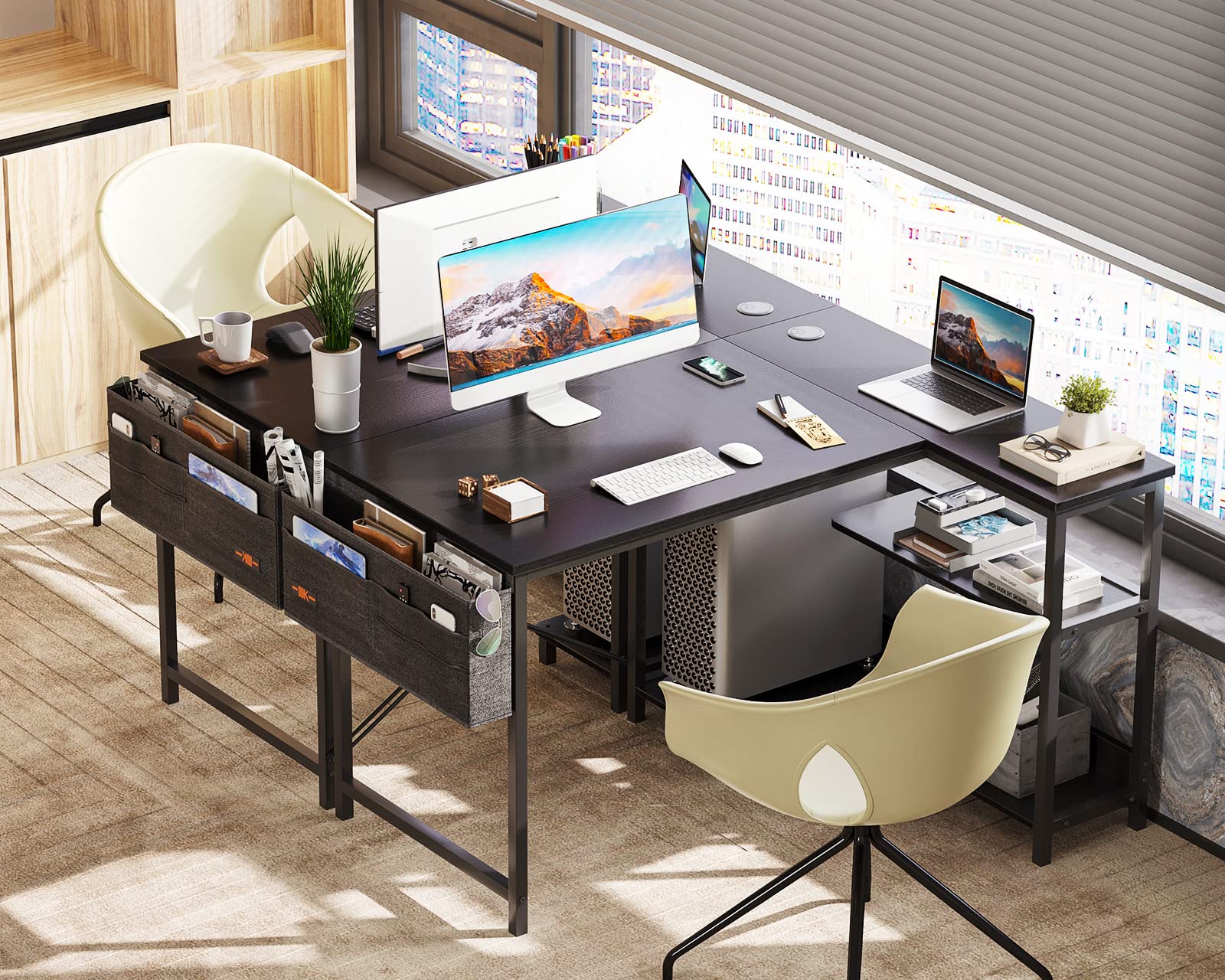 ODK Small L Shaped Computer Desk, 40 Inch Corner Desk with Reversible Storage Shelves & PC Stand, Writing Study Table with Storage Bag for Small Space, Black