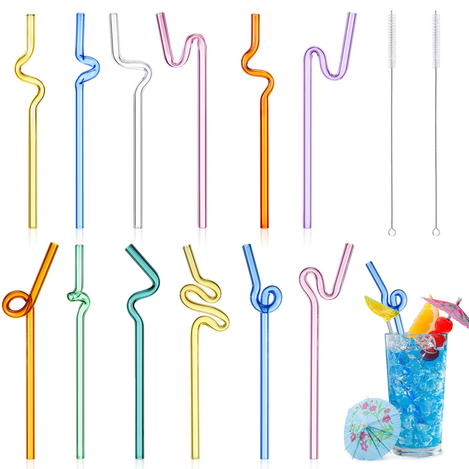 Yinkin 12 Pcs Wavy Glass Straw Curved Reusable Glass Straws Multicolor Clear Silly Straws Tea with 2 Cleaning Brushes for Kids, Drinking, Beverages, Coffee, Smoothies, Juice, Water