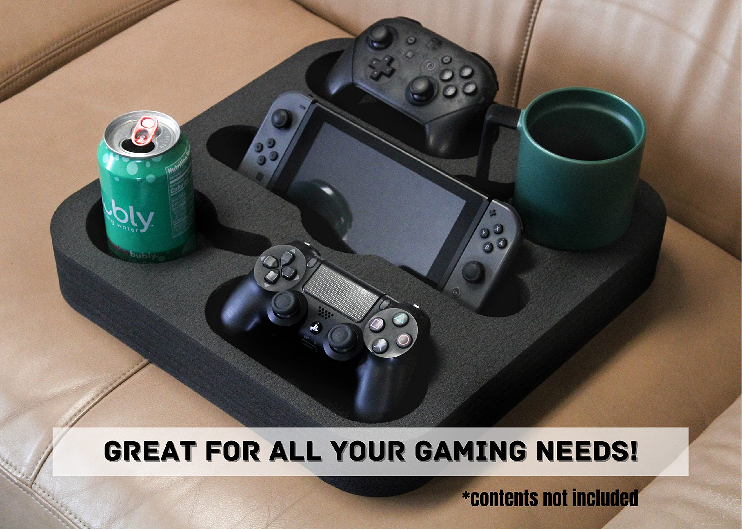 Polar Whale Couch Drink Holder Refreshment Tray for Sofa Bed Floor Car RV Lounge TV Room Durable Black Foam 5 Compartments with 2 Game Controller Slots 13.75 Inches Wide