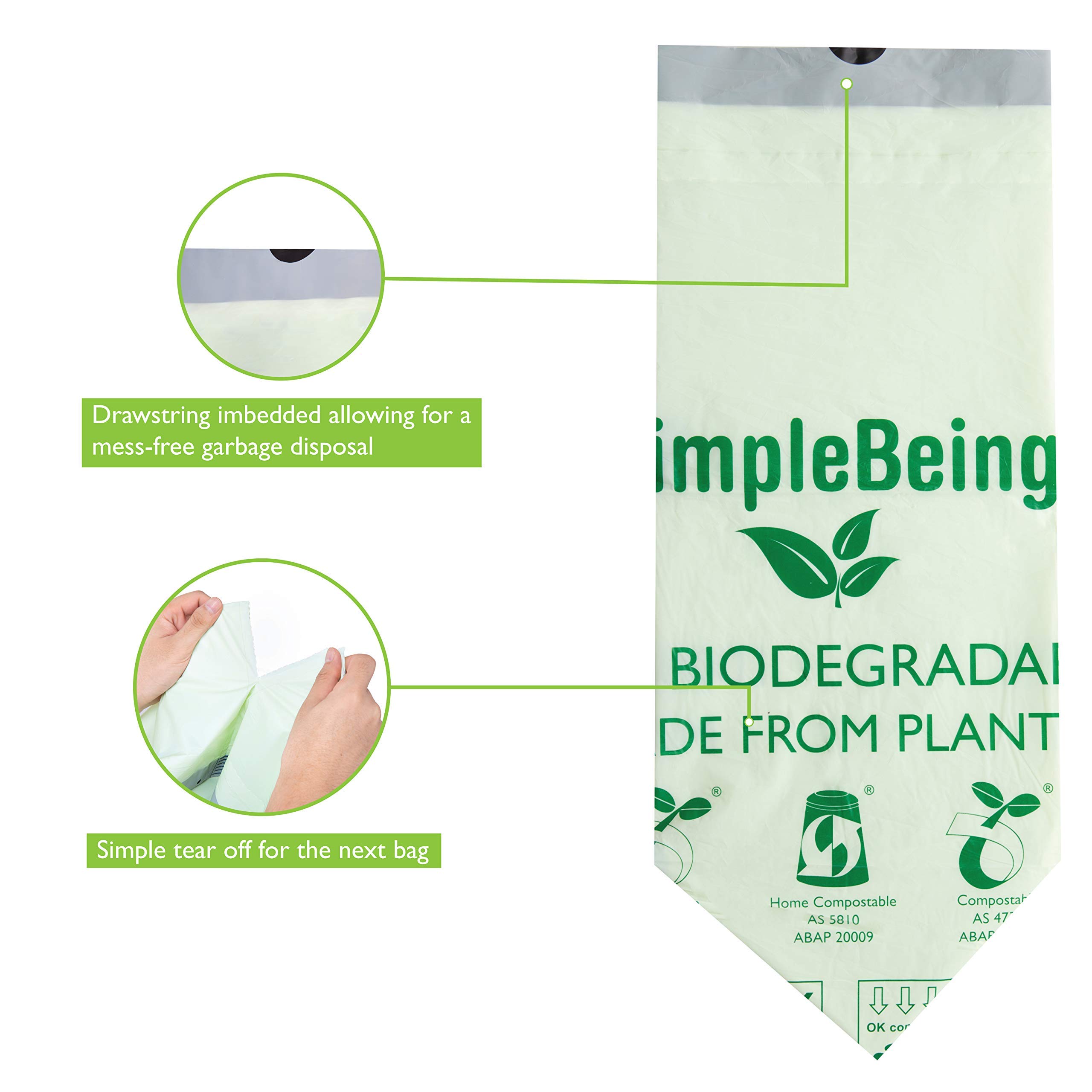 Simple Being Plant Based Compostable Tall Kitchen Bags with Handles, 13 Gallon (45 count), Compostable Trash Garbage Bags, Unscented Leak-Proof, Environmentally Friendly (Drawstring)
