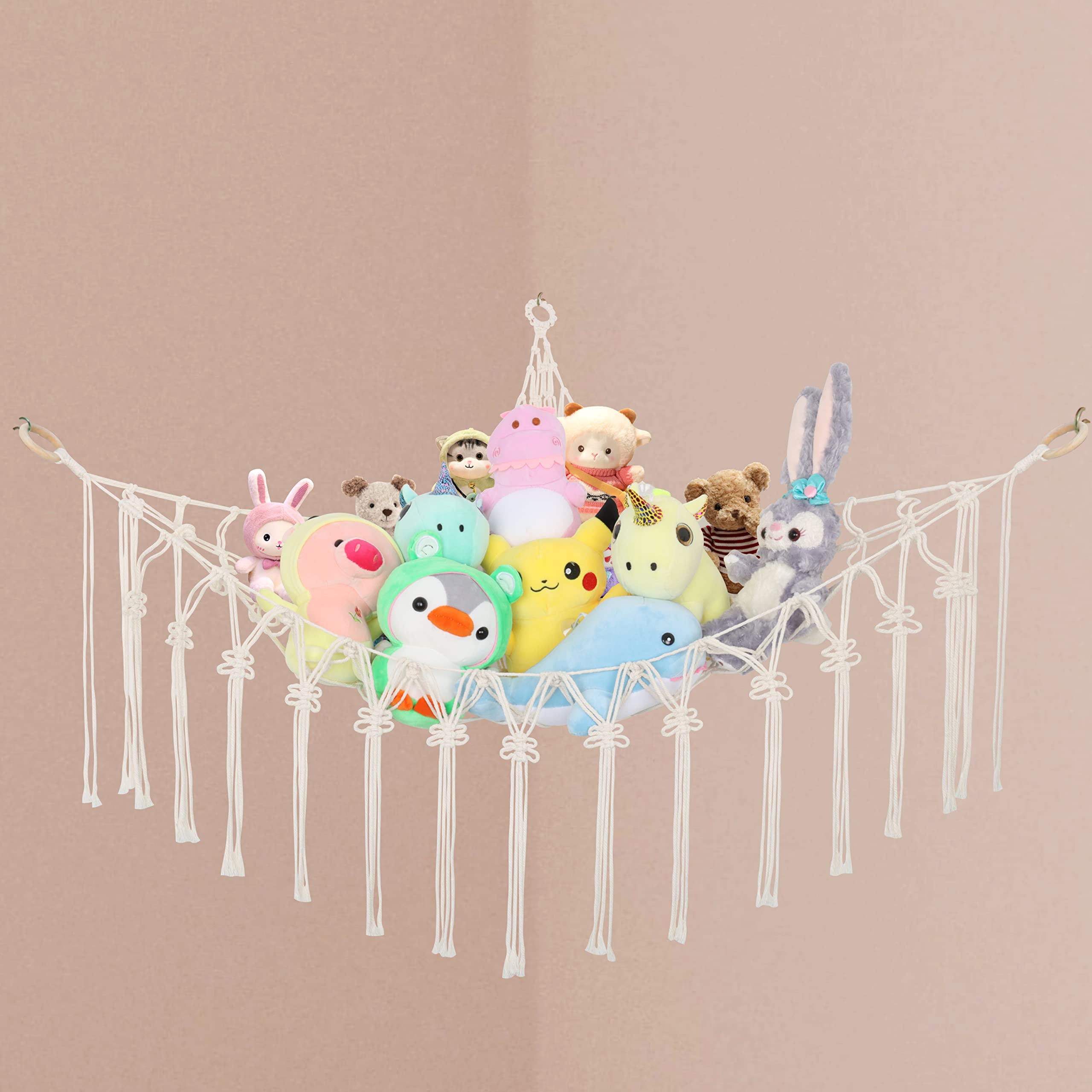 Zeesa Stuffed Animal Toy Hammock, Hanging Net Hammock for Plush Toys Storage, Corner Toy Net Holder, Boho Decor Hammock Organizer with Delicate Tassel Pendant, Beige