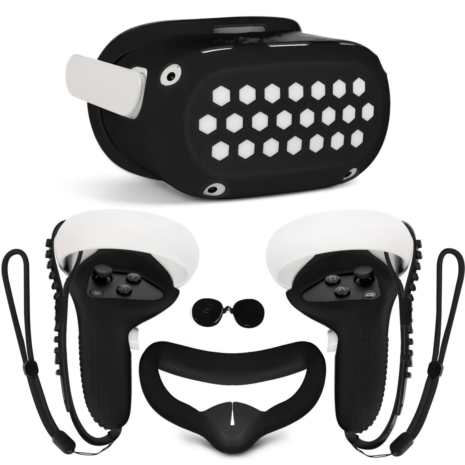TOMSIN VR Silicone Face Cover, Touch Controller Grips Cover, Shell Front Cover with Lens Cover, Anti-Throw Protector with Adjustable Knuckle Straps Accessories Set for Oculus Quest 2(Black)