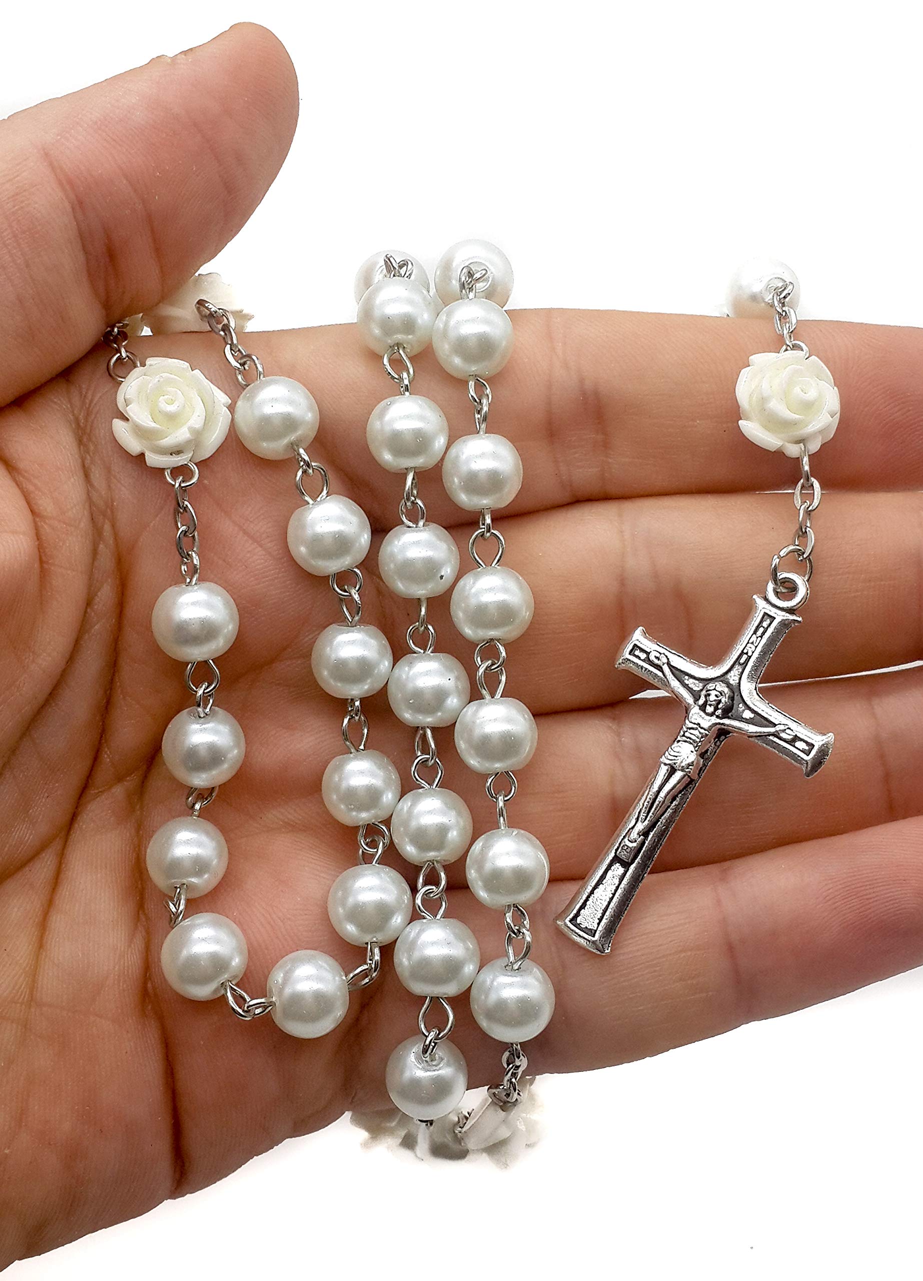 Nazareth Store White Pearl Beads Rosary Roses Mystery Beads Prayer Necklace Our Rose Lourdes Medal and Cross Crucifix