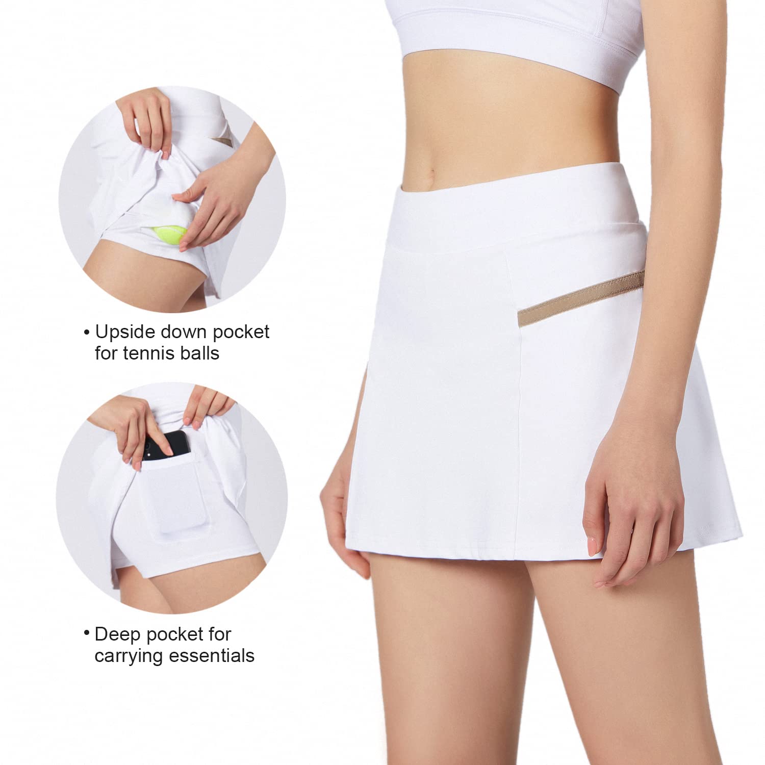 POSHDIVAH Women's Athletic Skirts with Built-in Shorts Skorts for Tennis Golf Running Workout and Casual White M