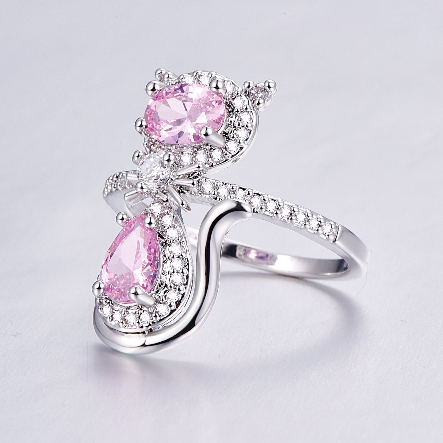 Psiroy 925 Sterling Silver Plated Simulated Pink Topaz Oval Cut Cute Cat Fashion Ring for Women Size 7