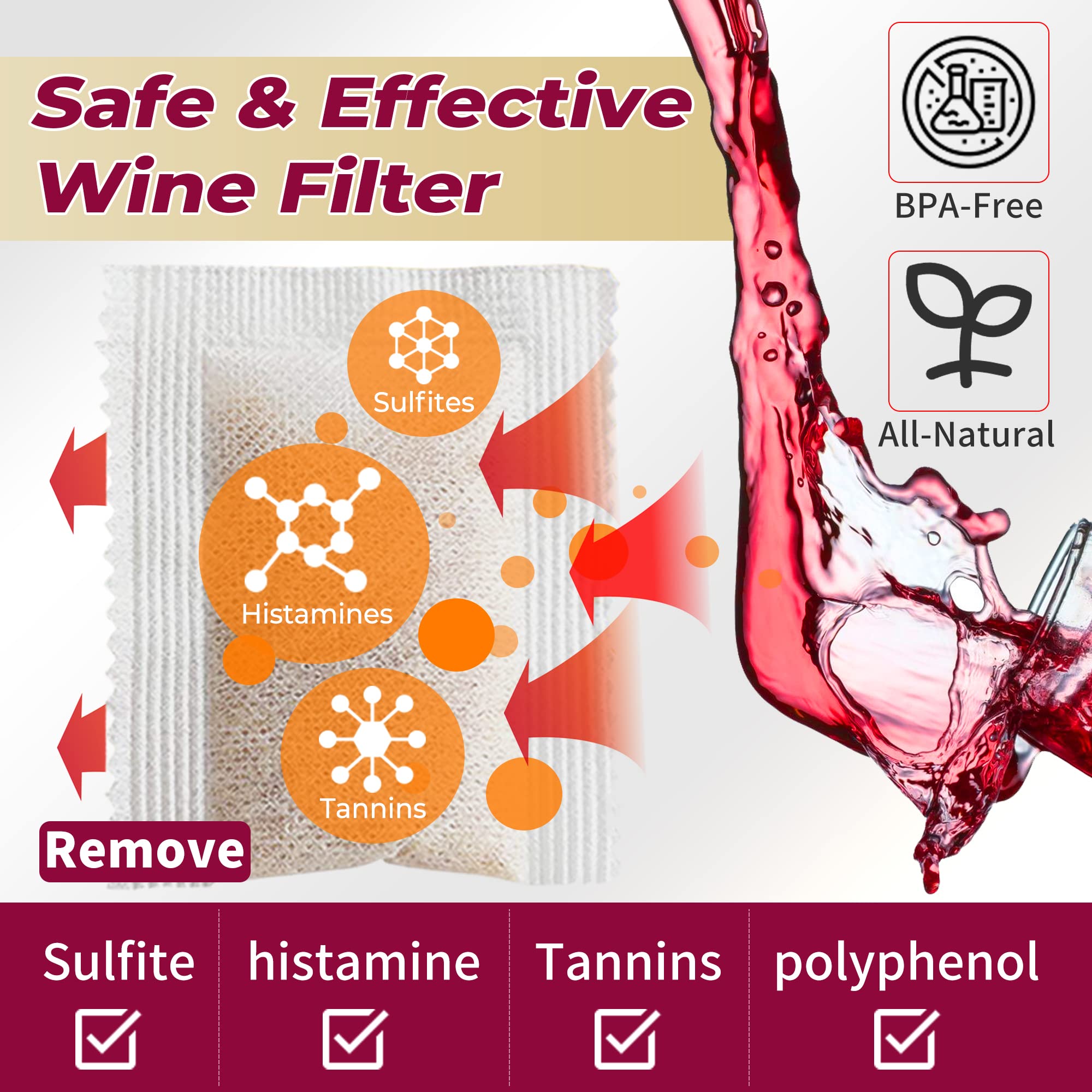Trobing Wine Filter 12 Bags, Removes Sulfites Histamines and Tannin, All Natural Purifier Filters