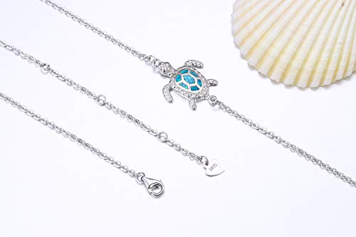 PUPILLEMON Blue Opal Sea Turtle Ankle Sterling Silver Anklet Fine Jewelry for Women Gifts 4 Level Adjustable Anklet (Large Bracelet)