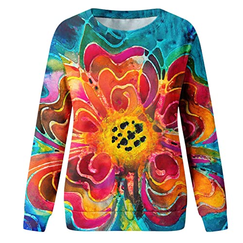 Warm Accessories for Winter Womens Casual Long Sleeve Crewneck Sweatshirt Floral Printed Pullover Tee Shirts Lightweight Casual Loose T-Shirts(C- Orange,Small)