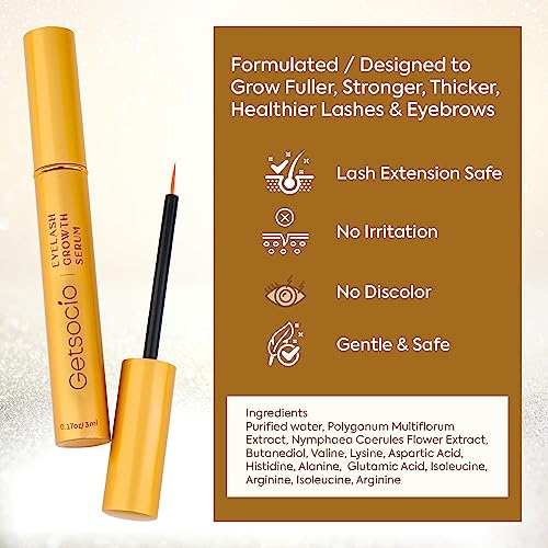 Premium Eyelash Serum by Getsocio, Lash Boosting Serum for Longer, Fuller Thicker Looking Lashes (3ML),Gold,0.1