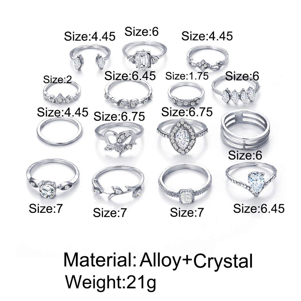 Simsly Vintage Knuckle Ring Stackable Silver Joint Nail Ring Crystal Knuckle Rings Set for Women and Girls(15PCS (Boho) (Set-1)