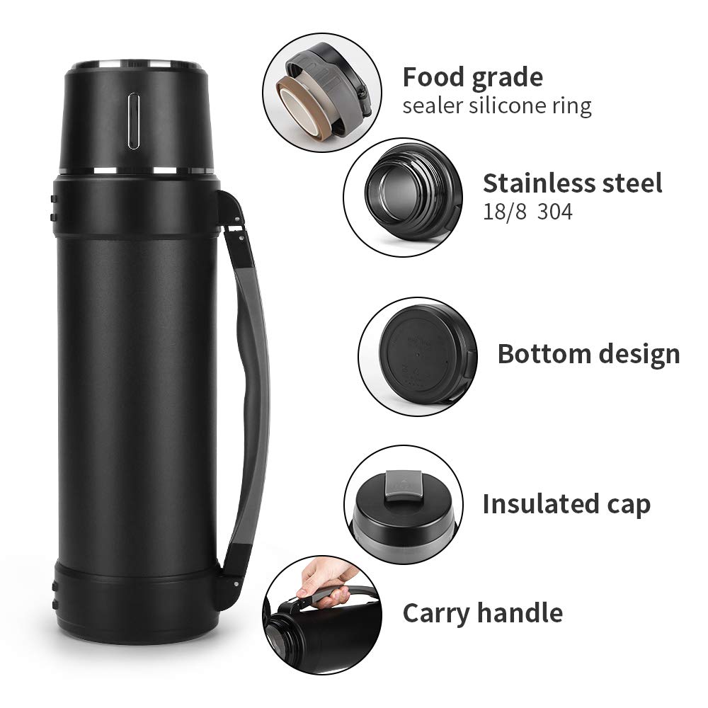 Stainless Steel Thermoses with Cup – 64 oz Double-Wall Vacuum Insulated Water Bottle for Travel – Camping Coffee Thermoses with Handle – Keeps Liquid Hot or Cold,Leak Resistant,Black