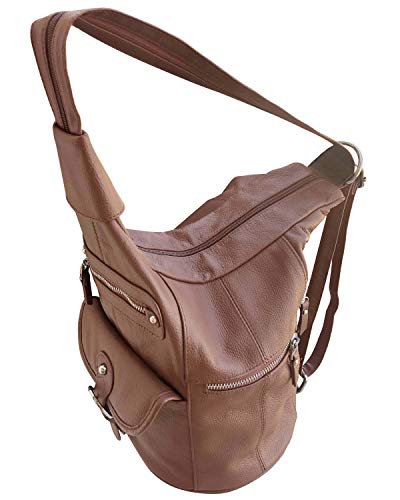 Roma Leathers Fashion Leather Backpack - Premium Brown Cowhide Leather - Buckle Front Closure - Metal Zipper Hardware - Convertible Shoulder Straps - Multi Pocket Shoulder Bag - Designed in U.S.A.