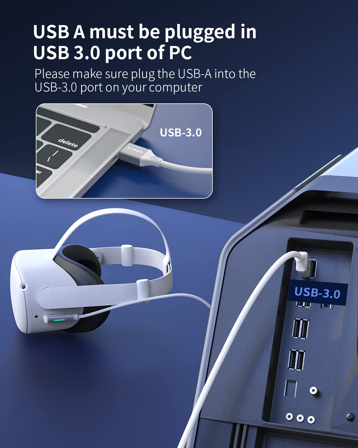 ZYBER Link Cable 16 FT for Meta Quest 2 Quest Pro Pico 4 Accessories, VR Headset PC Link Cable for Oculus Quest 2/1 Gaming PC, High Speed Data Transfer USB 3.0 to USB C Cable for PC VR and Steam VR