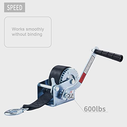 OPENROAD 600lbs Hand Winch Boat Winch, Hand Crank Winch with 6m (20ft) Strap Manual Winches, Two-Way Adjustable Boat Trailer Winch, Corrosion Resistant Towing Winches (600lbs)