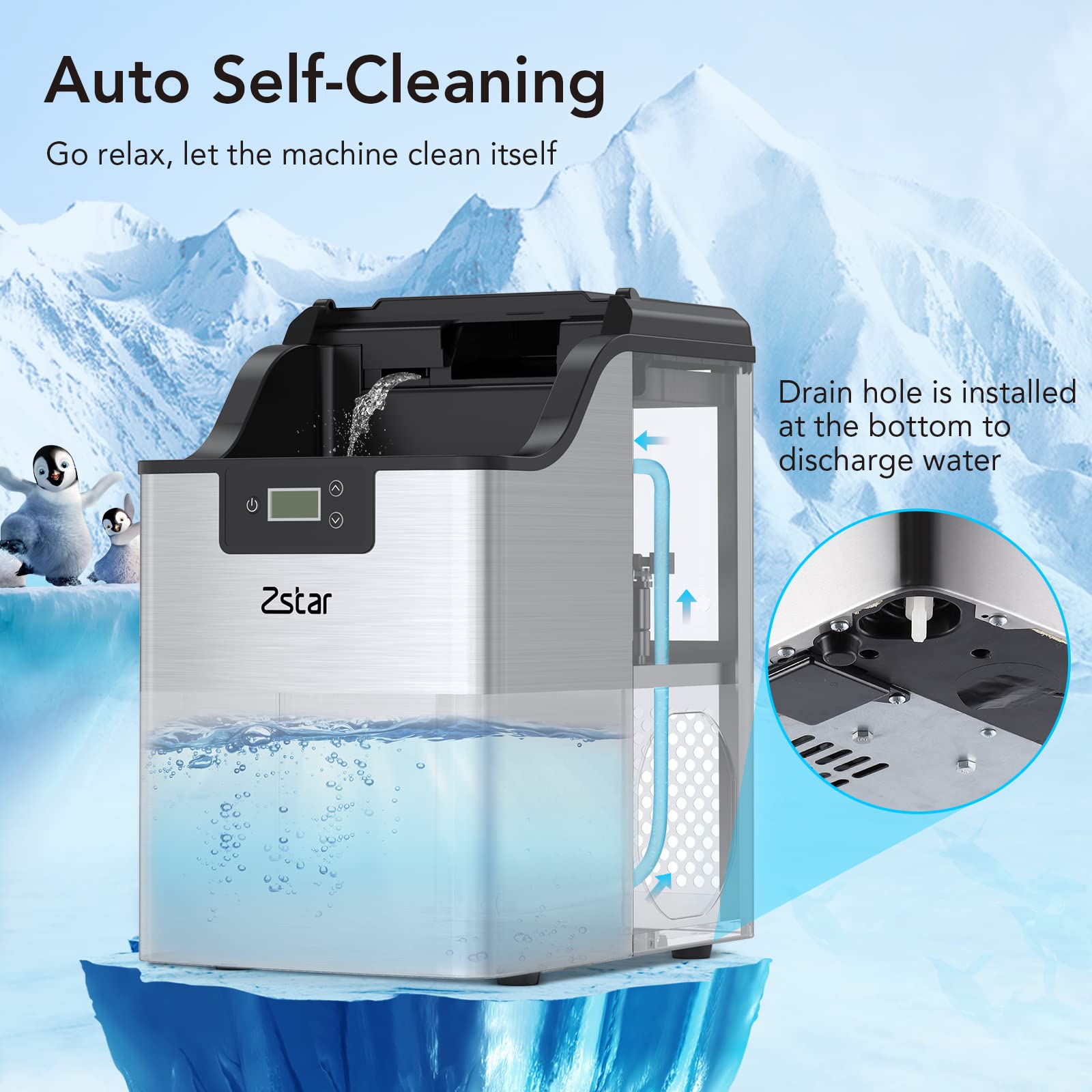 Zstar Nugget Ice Maker, Stainless Steel Countertop Ice Machine with 44Lbs/24H Output, Crunchy Sonic Ice Maker Machine, Self-Cleaning Portable Ice Maker with Freestanding Ice Scoop for Home,Office,Bar