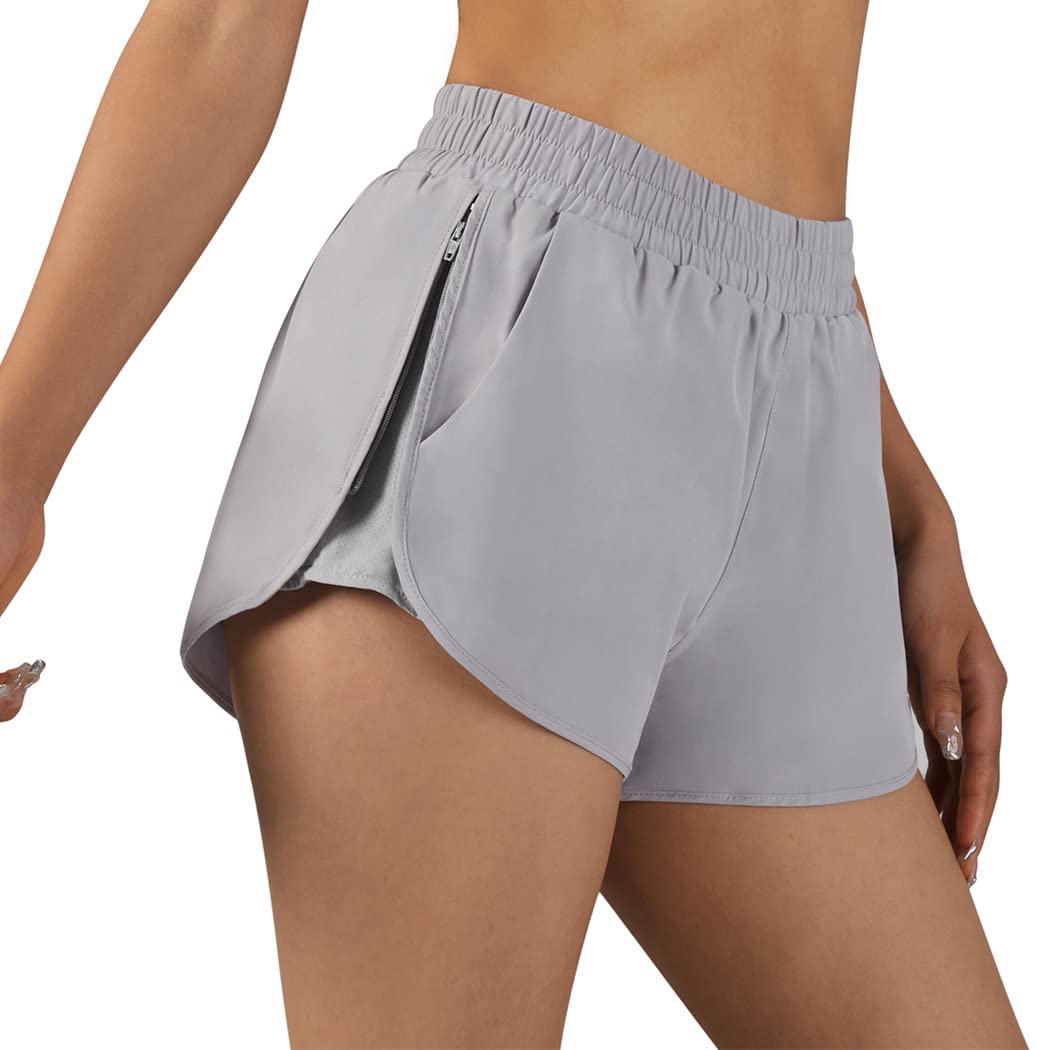 SUUKSESS Women Zipper Side Running Shorts with Pockets High Waist Workout Shorts (Grey, S)