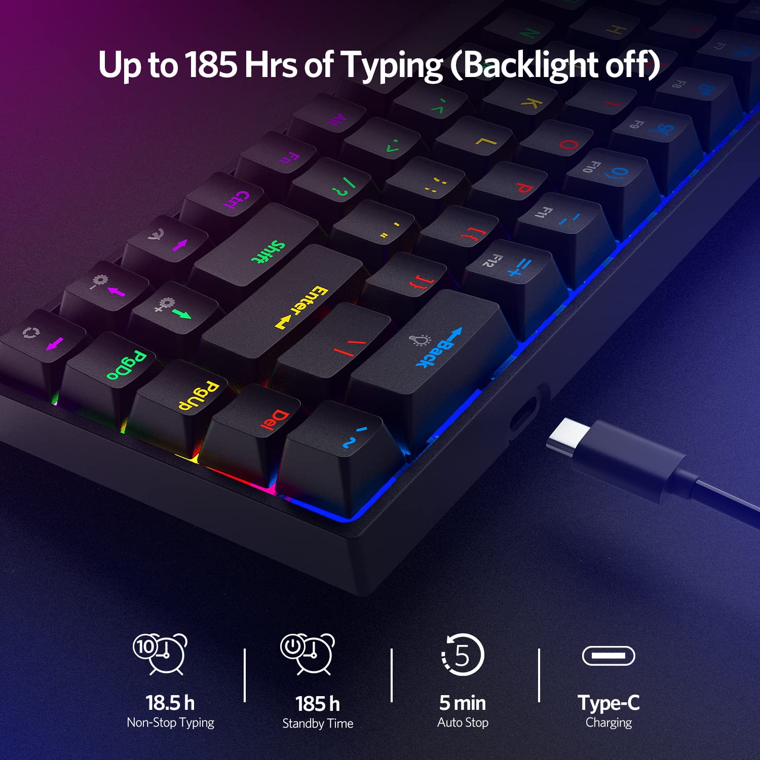 TEWELL 68 Keys Wireless and Wired Mechanical Gaming Keyboard with Blue Switches, Audible Click Sound Rainbow Portable Compact Mini Office Keyboard for Windows PC Gaming