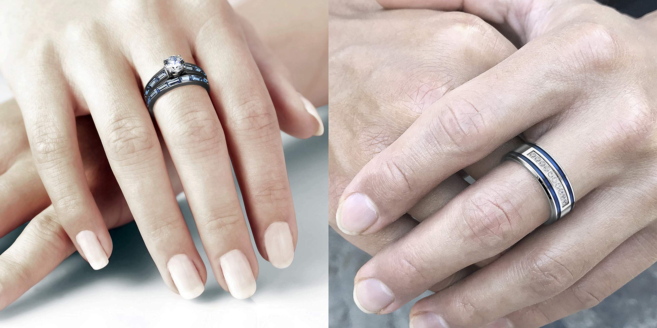 Romantic Blue Wedding Rings Set for Him and Her 3 pcs Stainless Steel CZ Men and Women Couples Rings (Women's Size 08 & Men's Size 12)