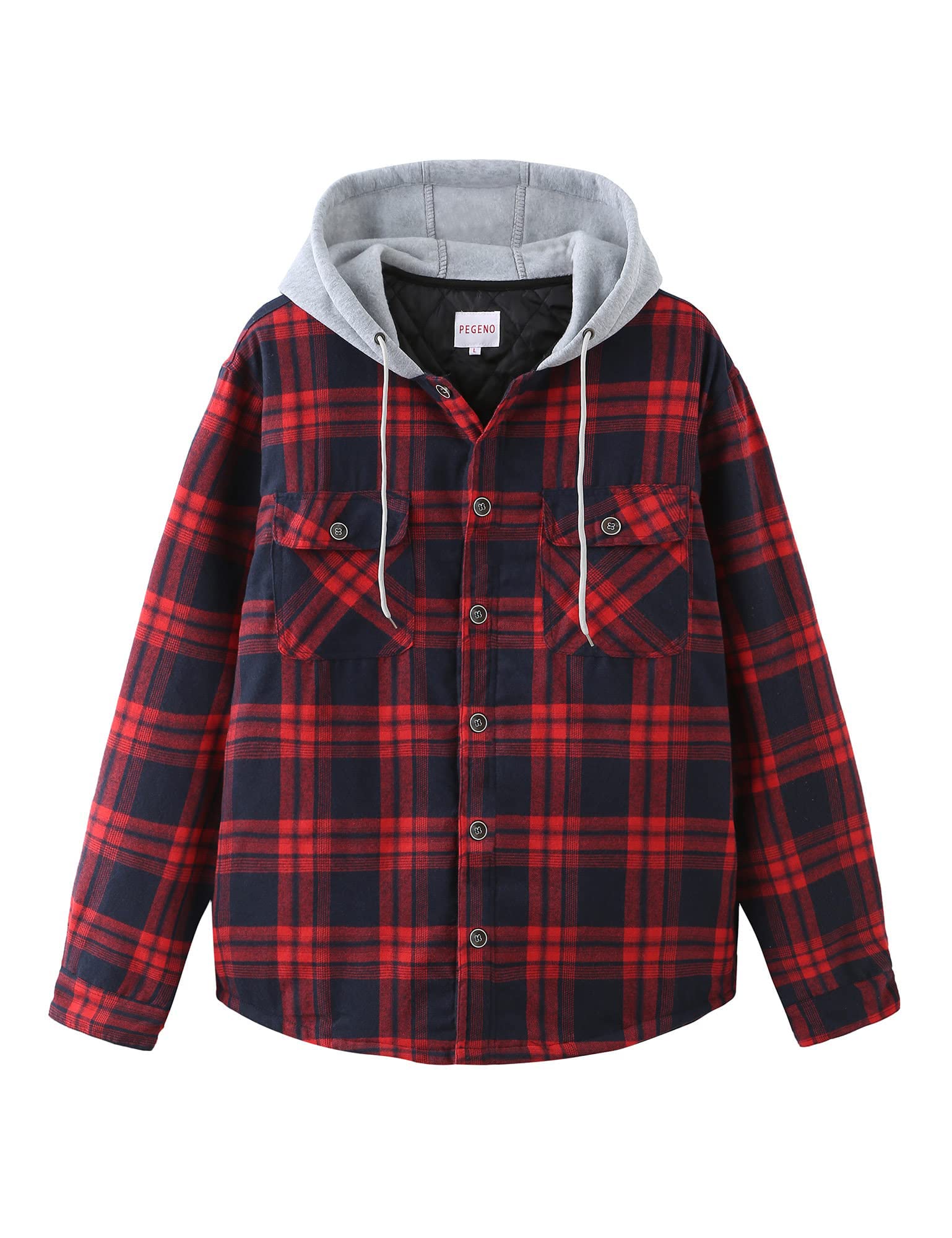 PEGENO Men's Long Sleeve Plaid Button Quilted Lined Flannel Shirt Jacket with Hood(Red Grid-US X-Large)