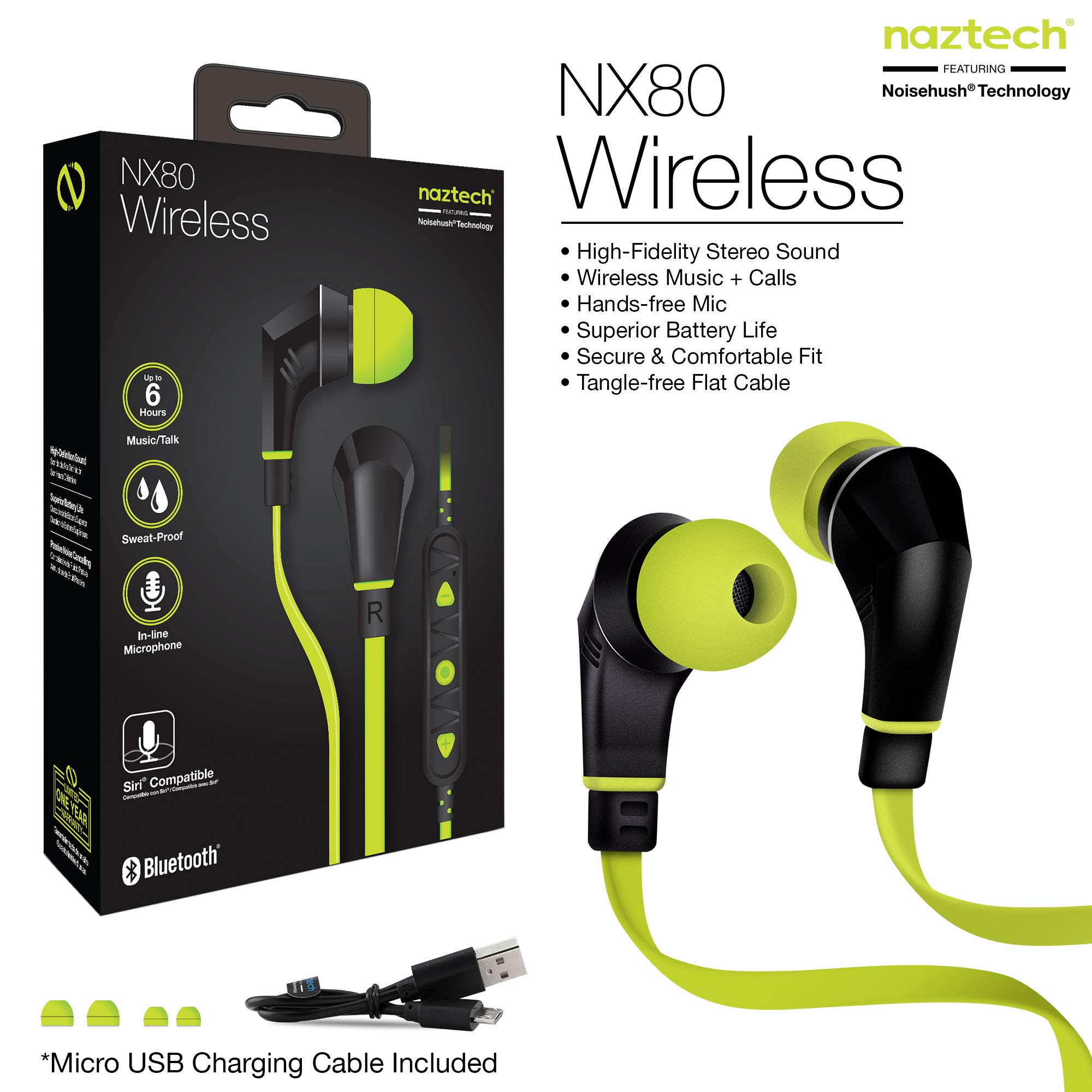 Naztech NX80w BT Wireless Superior Sound Earphones w/Built-in Noise-isolating Mic & Control Button Switch Music & Calls. Sweat Resistant Ear Gels for Running, Gym & Workout (Lime/Green)