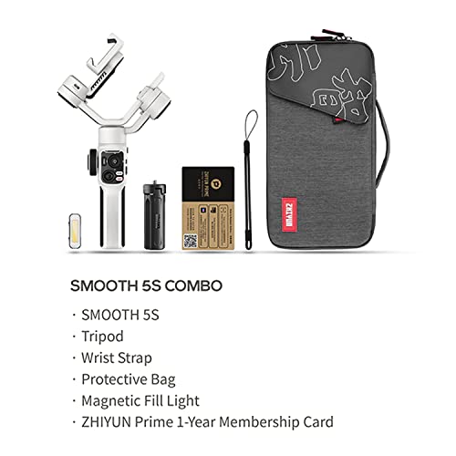 Zhiyun Smooth 5S Phone Gimbal, 3-Axis Smartphone Stabilizer with Built-in and Magnetic Fill Light, AI Face Tracking for iPhone and Android, YouTube TikTok Video, White Combo