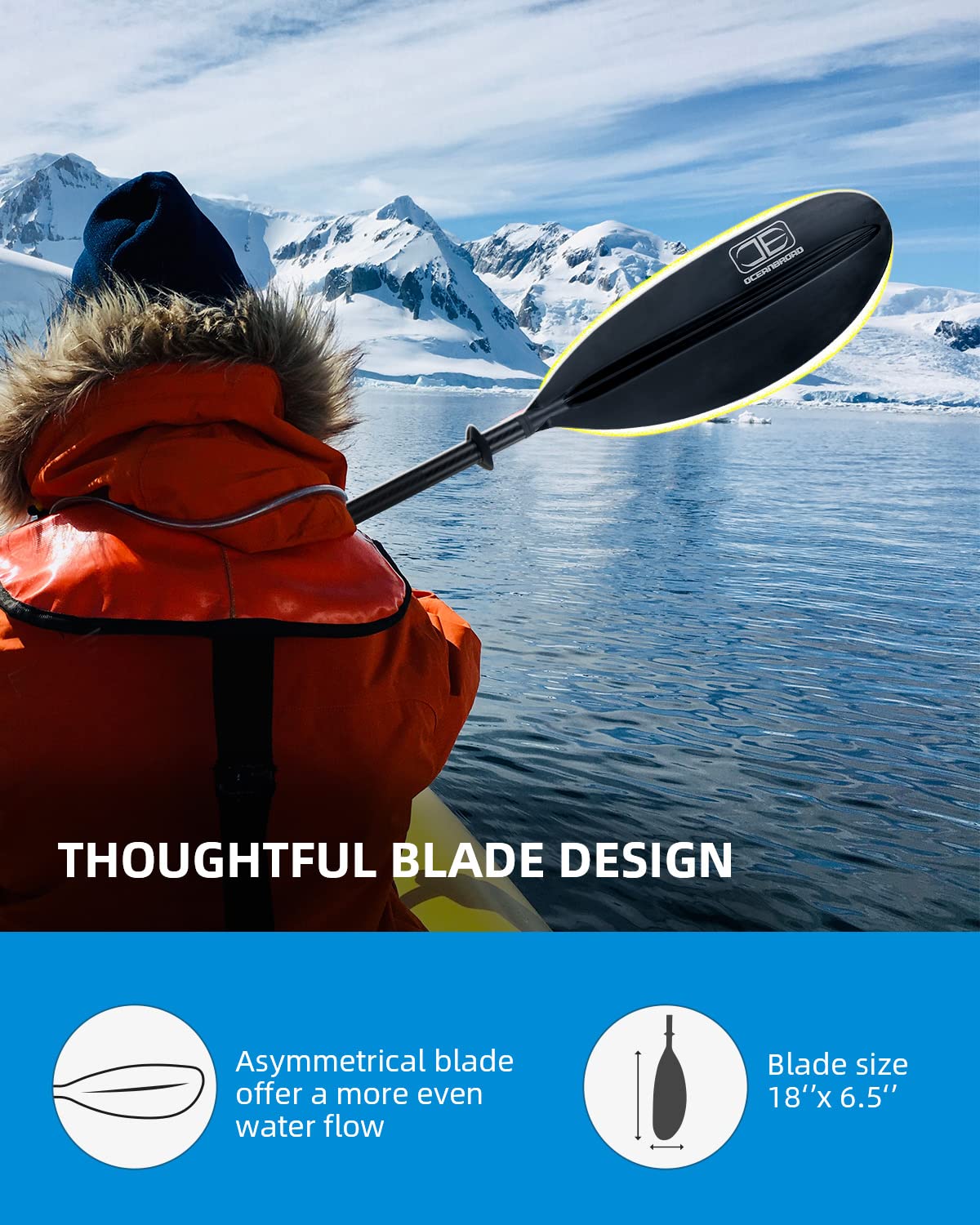 OCEANBROAD Kayak Paddle 230CM/90.5 Inches Premium Carbon Shaft Kayaking Boating Oar with Paddle Leash