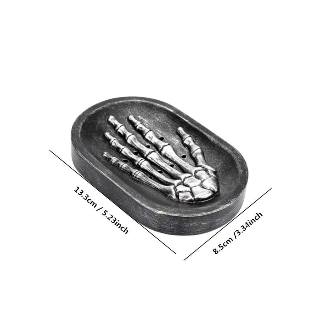 Resin Skeleton Handbone Soap Dish Holder, Water Draining Soap Tray for Bathroom Countertop Shower, Halloween Ghost Skull Hand Soap Rack Organizer (Black)