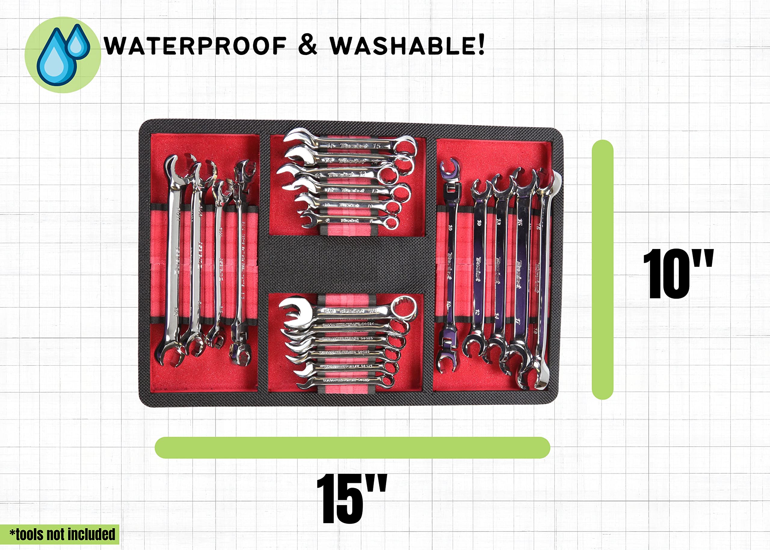Polar Whale Tool Drawer Organizer Medium Wrench Holder Insert Red and Black Durable Foam Strong Tray 15 x 10 Inches Fits Duralast and Many Others