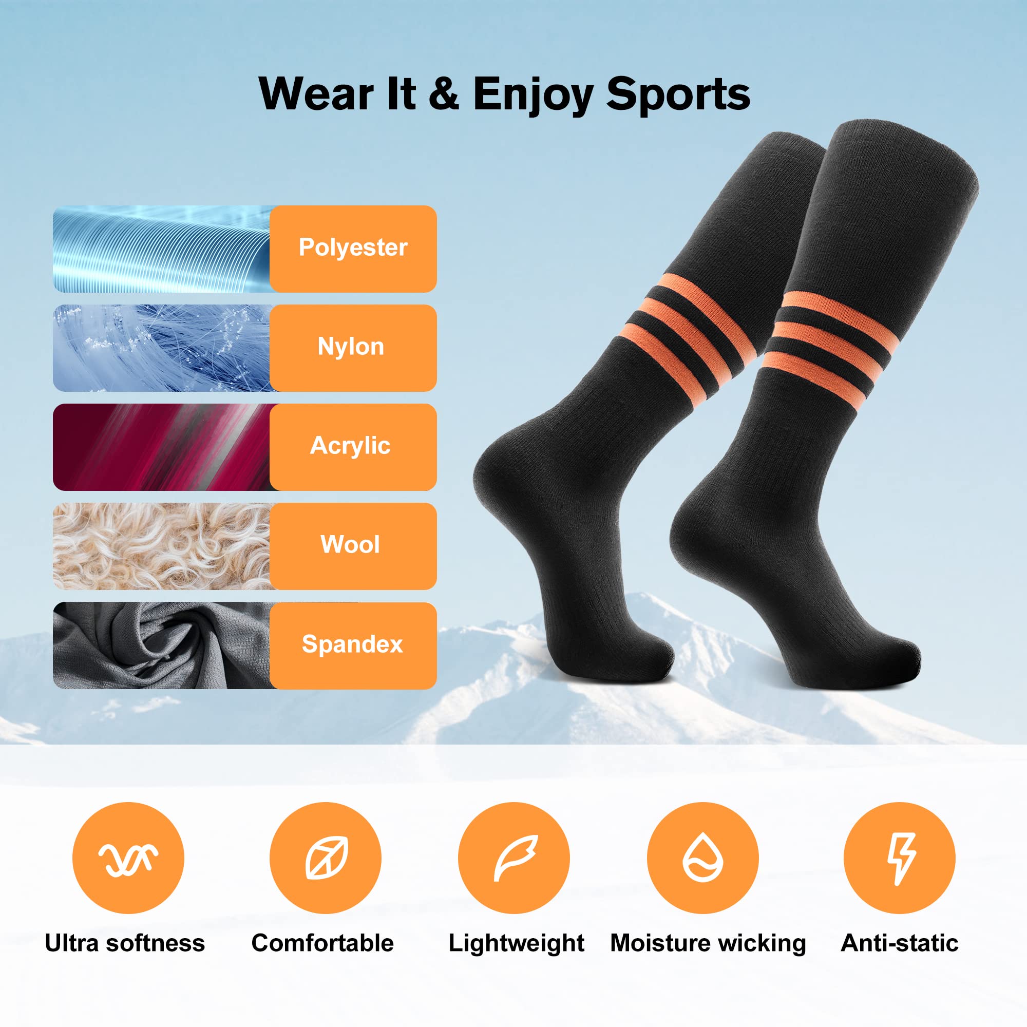 TUTIVAC Ski Socks Over the Calf, Non-slip, for Men & Women, Thermal Socks for Winter, Black-L