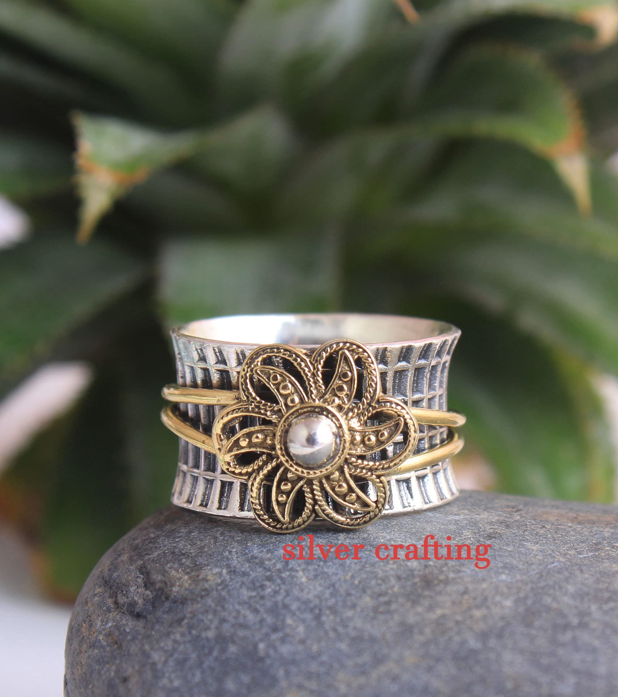Silver Flower Spinner Ring, Floral Flower Ring, Silver Band, Fidget Ring, Stress Ring (6)