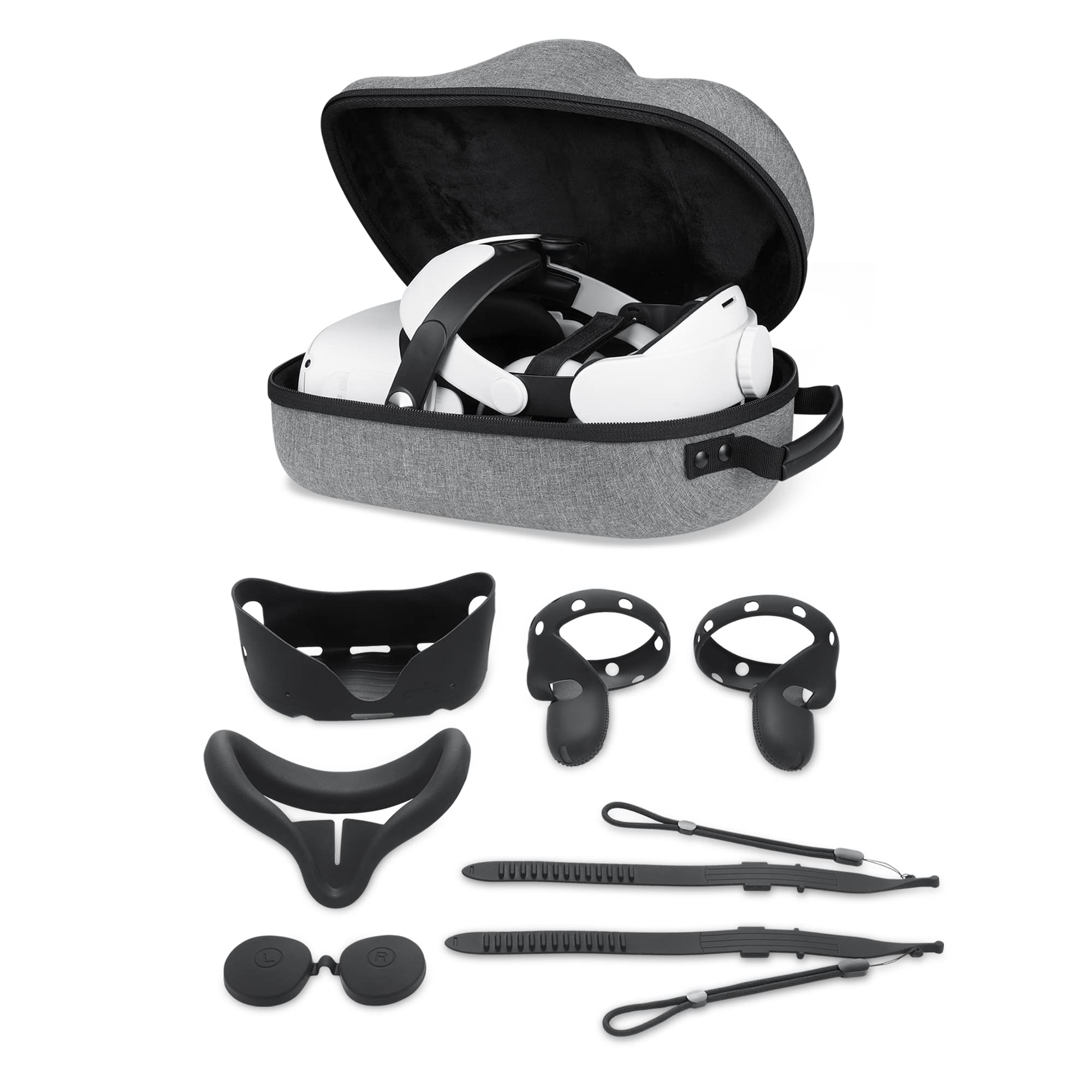 Wasserstein Bundle - Silicone Skin Set & & VR Headset Carrying Case, Head Strap, and Face Cover Bundle Compatible with Oculus Quest 2