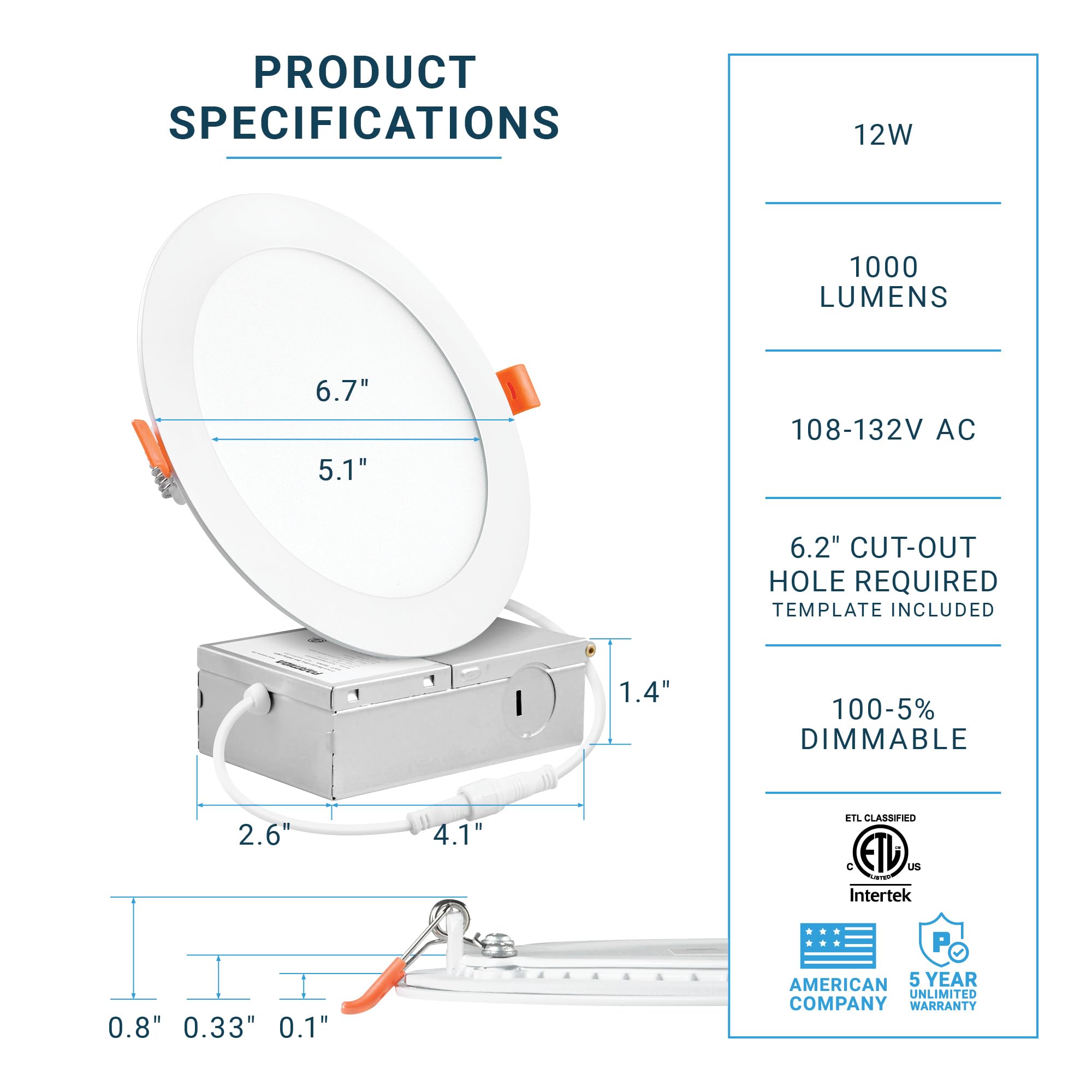 Parmida LED Technologies (12 Pack) 6 Inch Ultra-Thin LED Recessed Ceiling Light with Junction Box, 12W, Dimmable Canless Wafer Slim Panel Downlight, IC Rated, ETL-Listed - 4000K