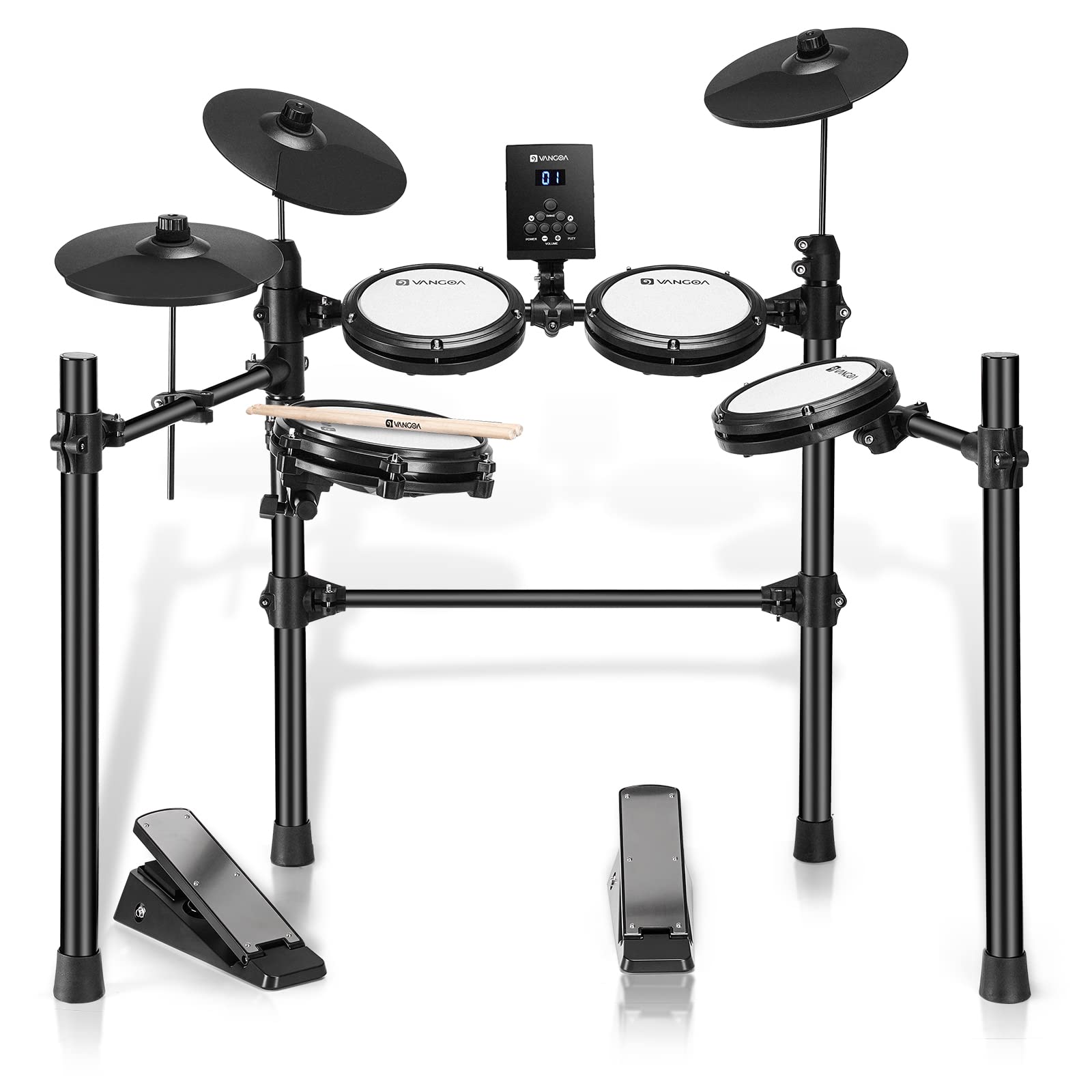 Vangoa Electronic Drum Set Junior Electric Drum Kit for Kids Beginner with 210 Sounds, Electric Quiet Mesh Drum Set with Heavy Duty Pedals, USB MIDI Connection and Drum Sticks, Black (New Upgraded)