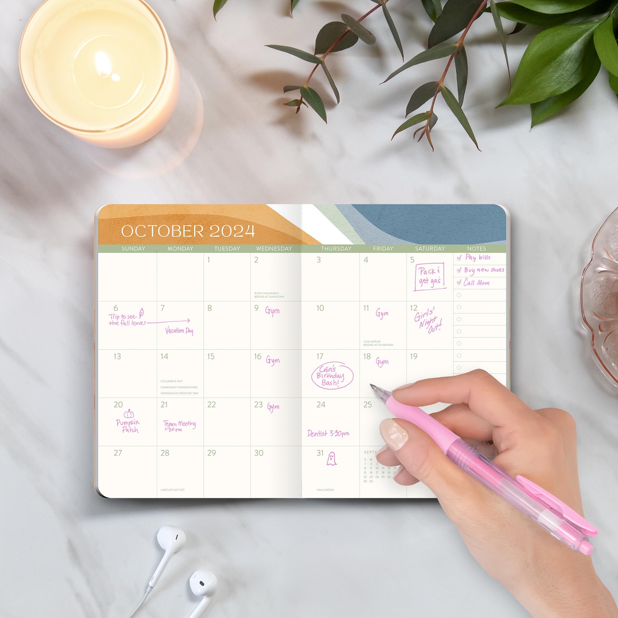 Orange Circle Studio Planner 2024, Weekly & Monthly Calendar, To Do List Notepad, Appointment Book, Budget & Goal Tracker, Small Pocket 17-Month Agenda for School/Work, Rainbow Waves