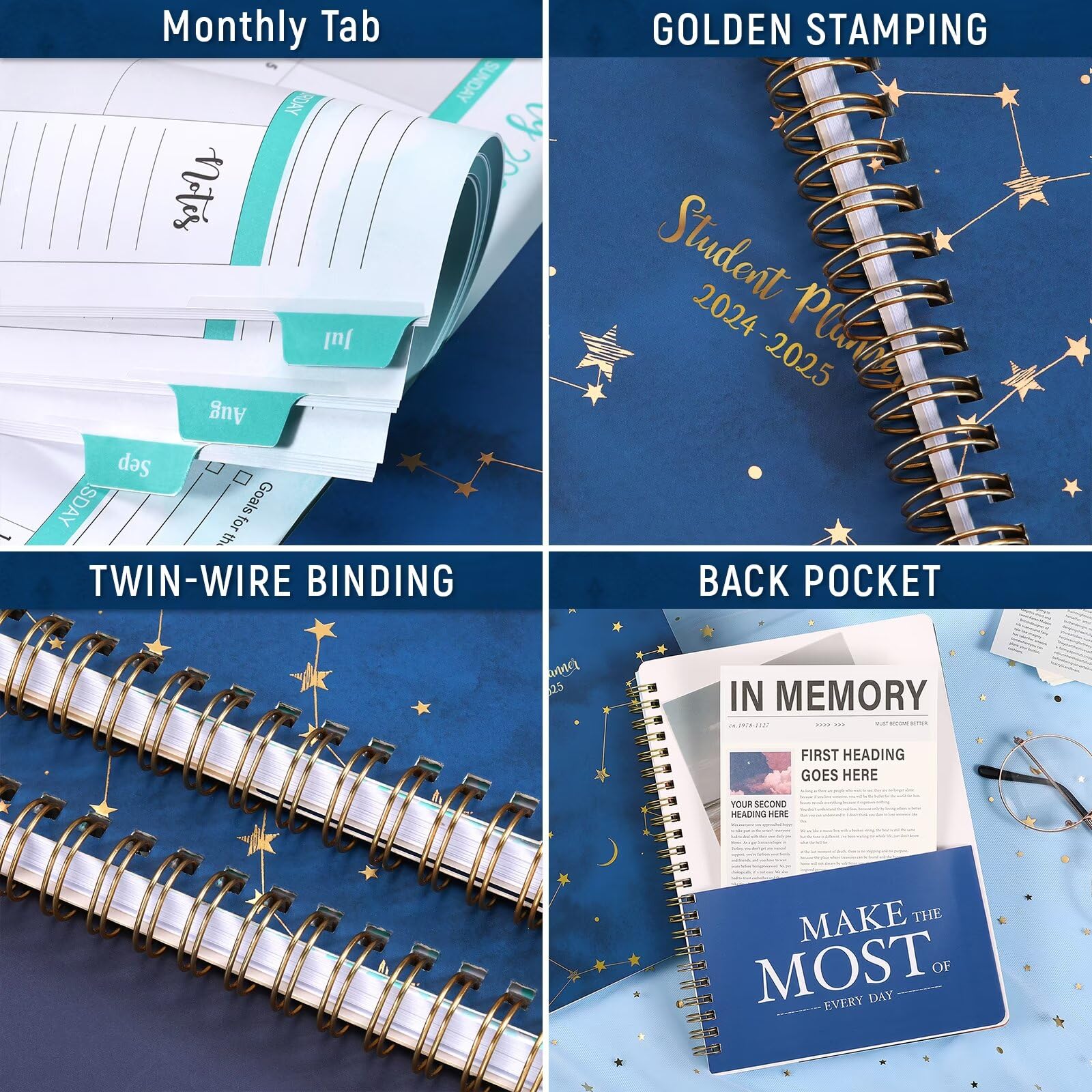 Student Planner 2024-2025 - School Planner, JUL 2024 - JUN 2025, 6.3" x 8.4", Monthly Weekly Planner/Agenda, Thick Paper + Holidays + 3-Hole Punched + Twin-Wire Binding, Stickers, Blue