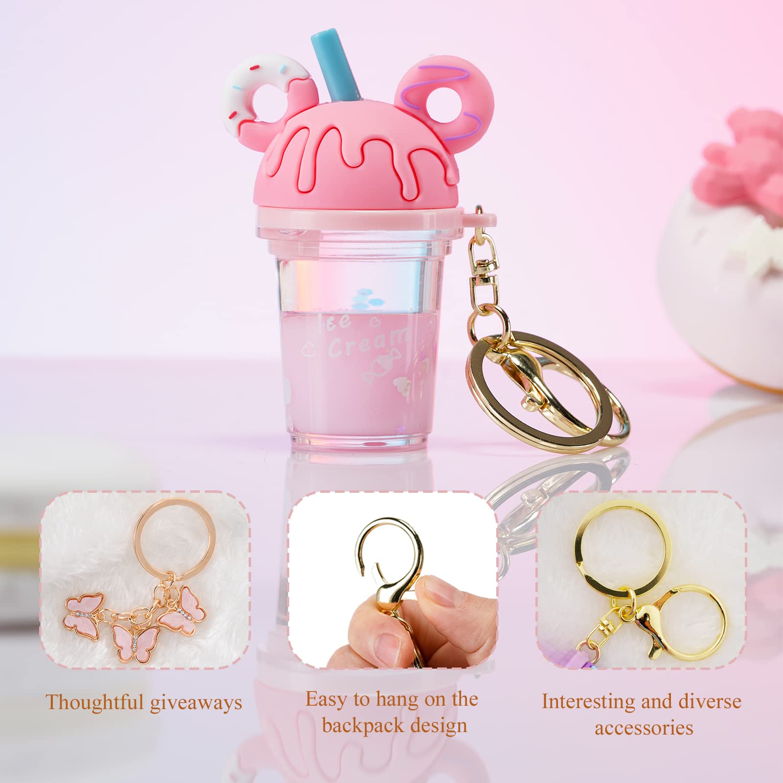 YOU WIZV Liquid Keychain, Kawaii Cute Donut Charms for Backpacks, Aesthetic Bubble Tea Boba Water Keychain for Girls, Kids,Women, Daughters, Boys(Pink Keychain)