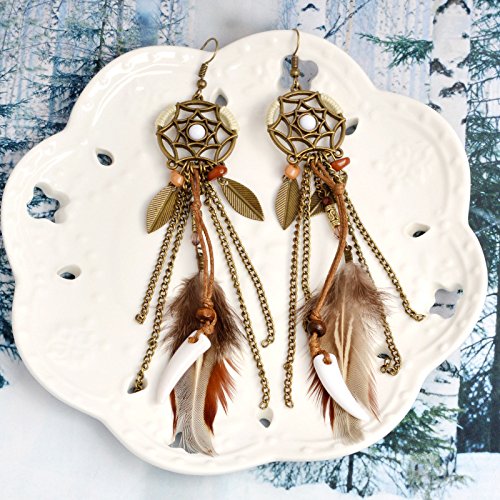 Punk Vintage Long Tassel Feather Beads Drop Wolf Tooth Pendant Earring Fish Hook Earrings (Brown A)