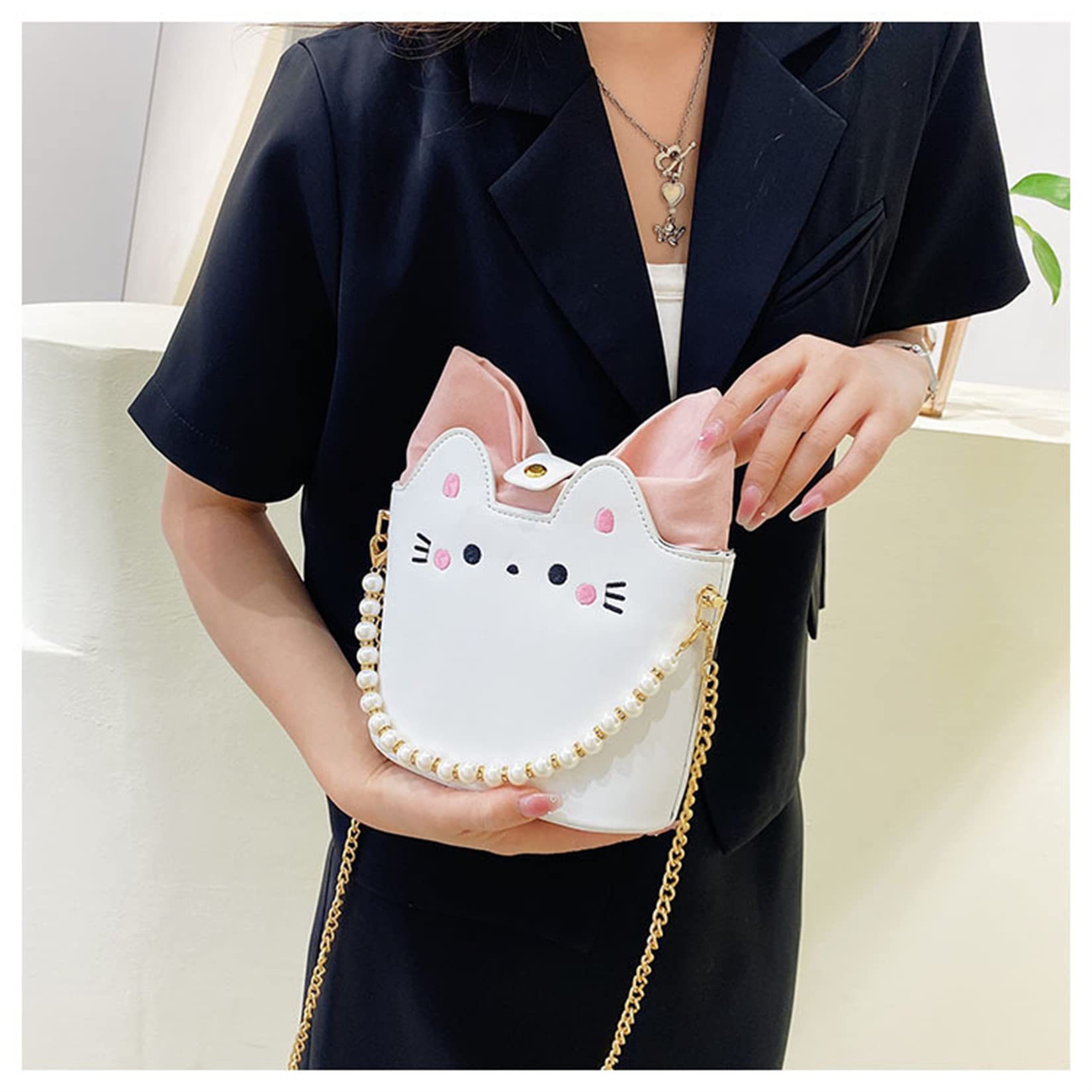 Women Cute Cat Bowknot Magnetic Snap Closure Small Bucket Bag Kawaii Purses Shoulder Handbags (White)