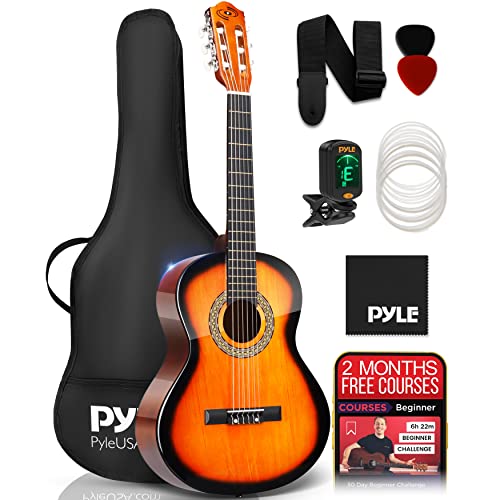 Pyle Beginner Acoustic Guitar Kit, 3/4 Junior Size All Wood Instrument for Kids, Adults, 36" Sun Burst