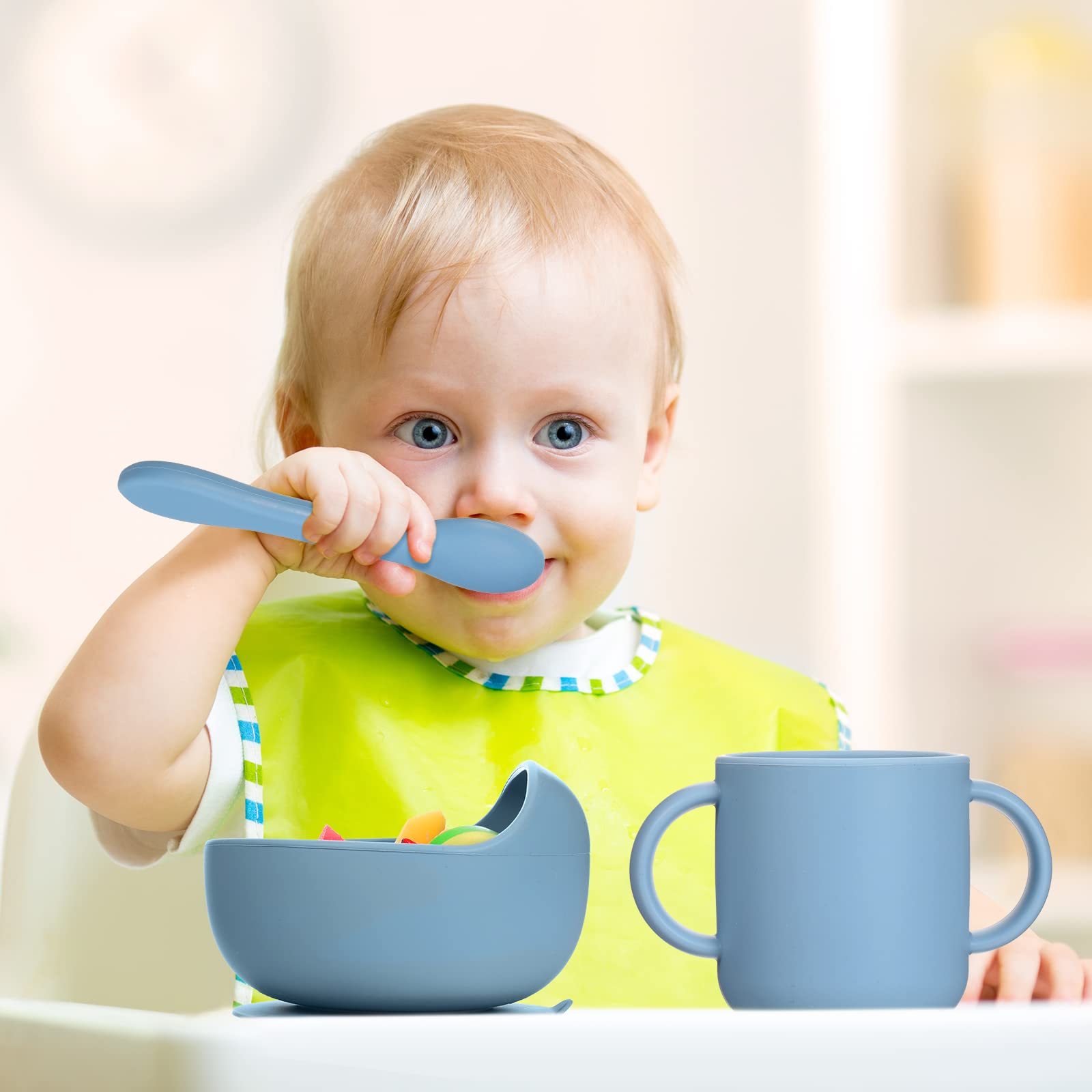 Zopeal 6 Pack Baby Suction Bowls and Training Cups Silicone Spoon Set Silicone Suction Bowl for Baby Toddler Learning Cup with Two Handles, Blue, Green and Pink