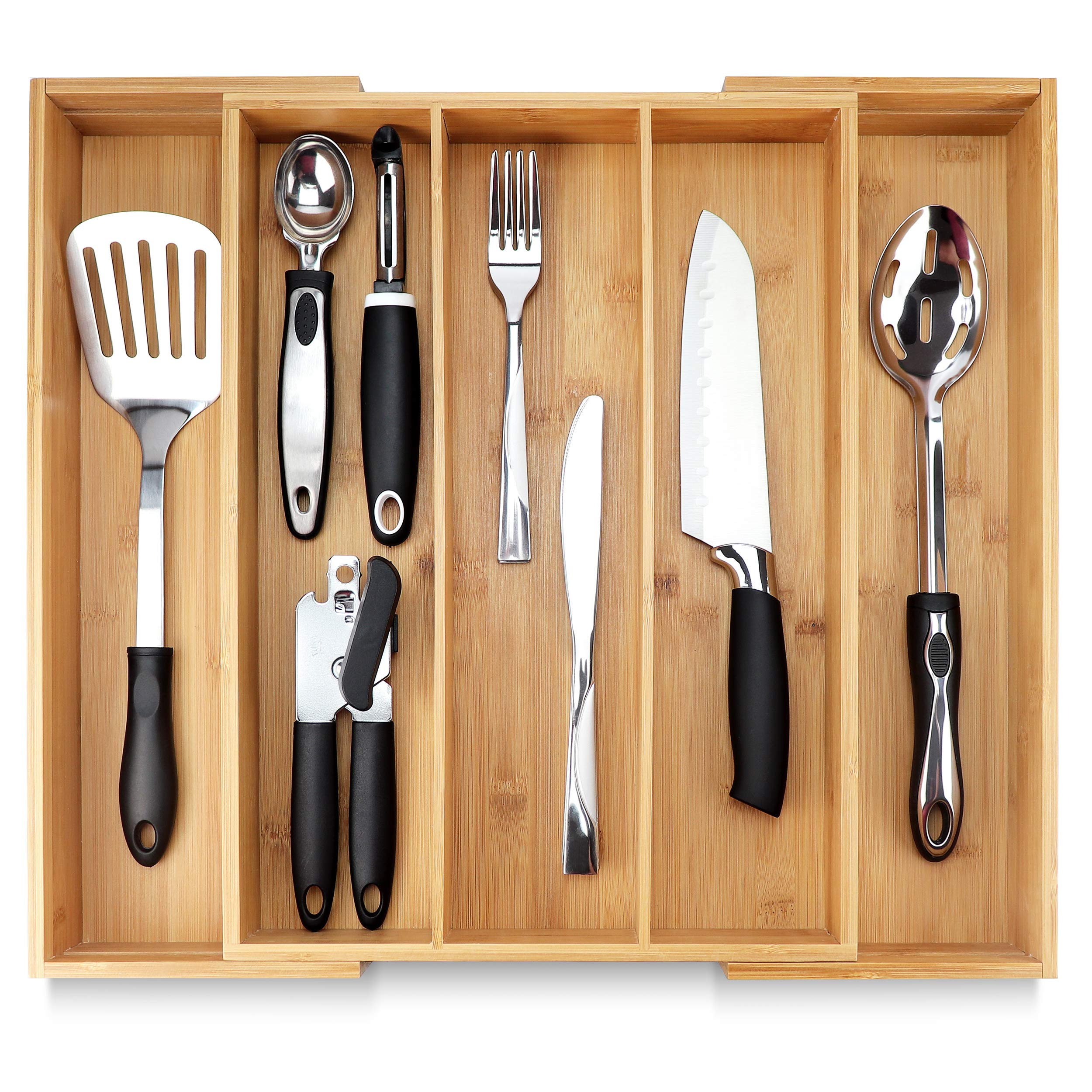 Pristine Bamboo Silverware Organizer– Utensil Organizer for Kitchen Drawers – Extra-Deep Wooden Kitchen Drawer Organizer (10 Slots, 5 Slots) Expandable and Fixed Organizers