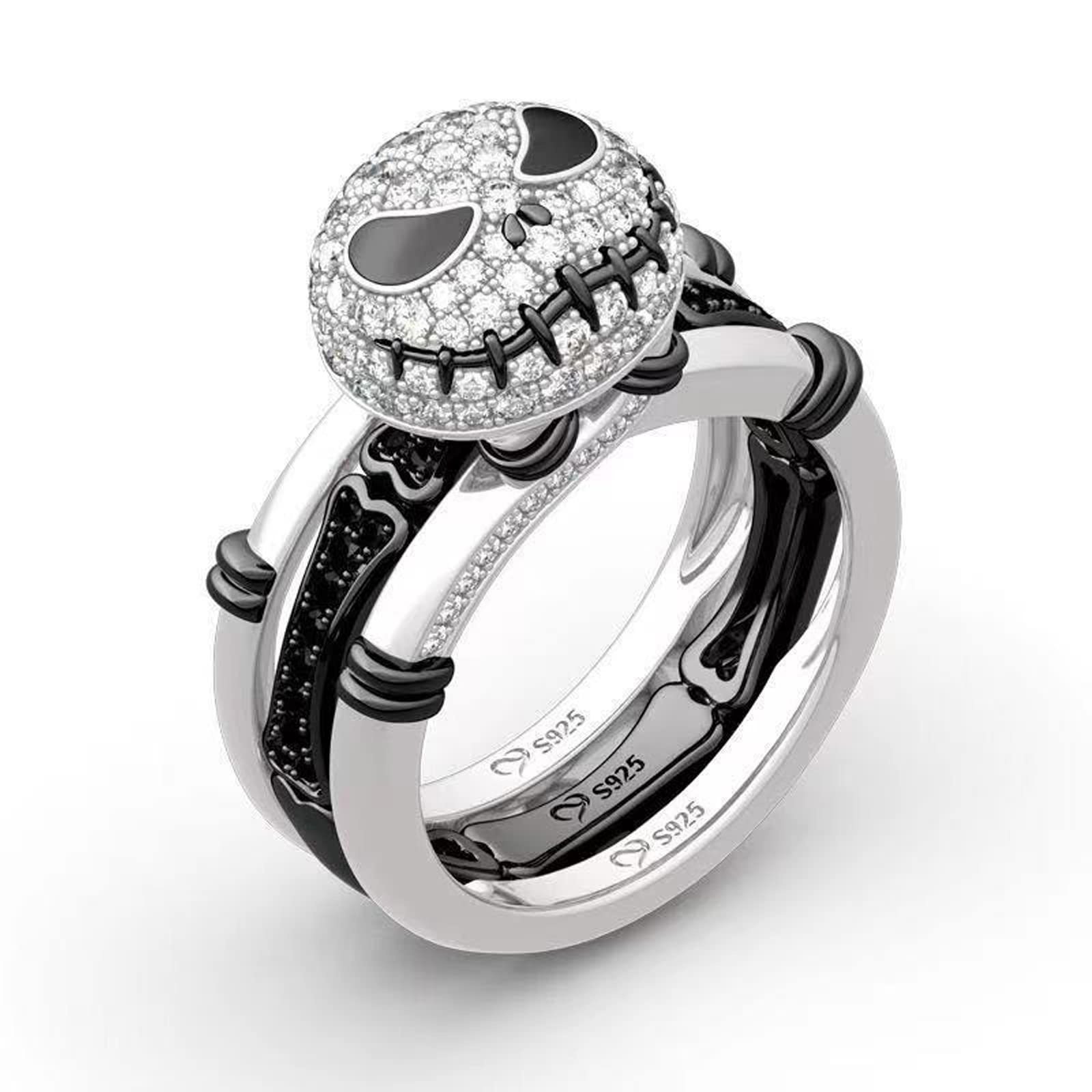 xrxebv Skull Cute Halloween Rings Christmas Ring Black and White Nightmare Before Christmas Ring 2 in 1Skeleton Rhinestone Finger Rings (2 in 1(2), 11)
