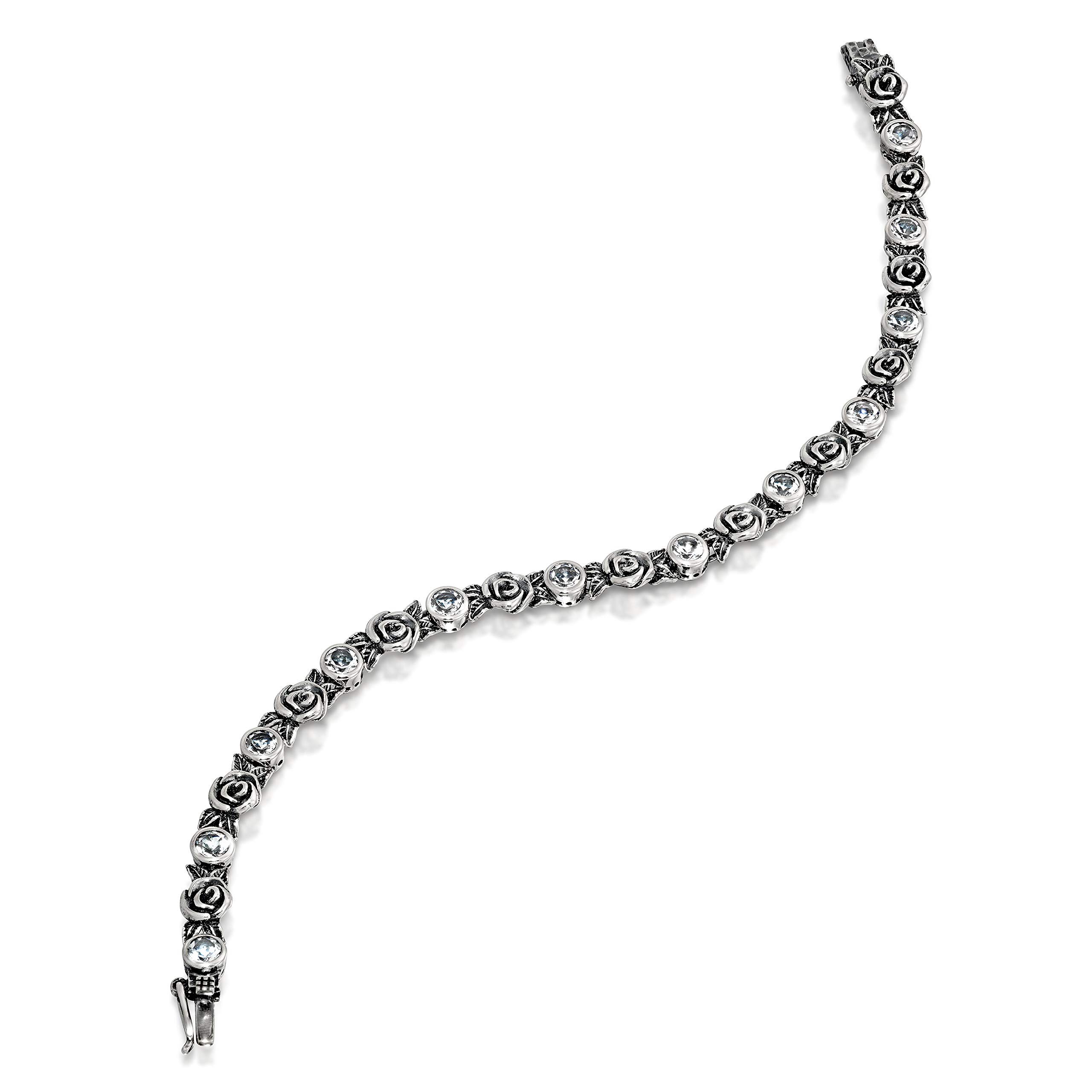 PZ Paz Creations 925 Sterling Silver Clear Quartz Gemstone Rose Tennis Bracelet (6.75, Clear Quartz)