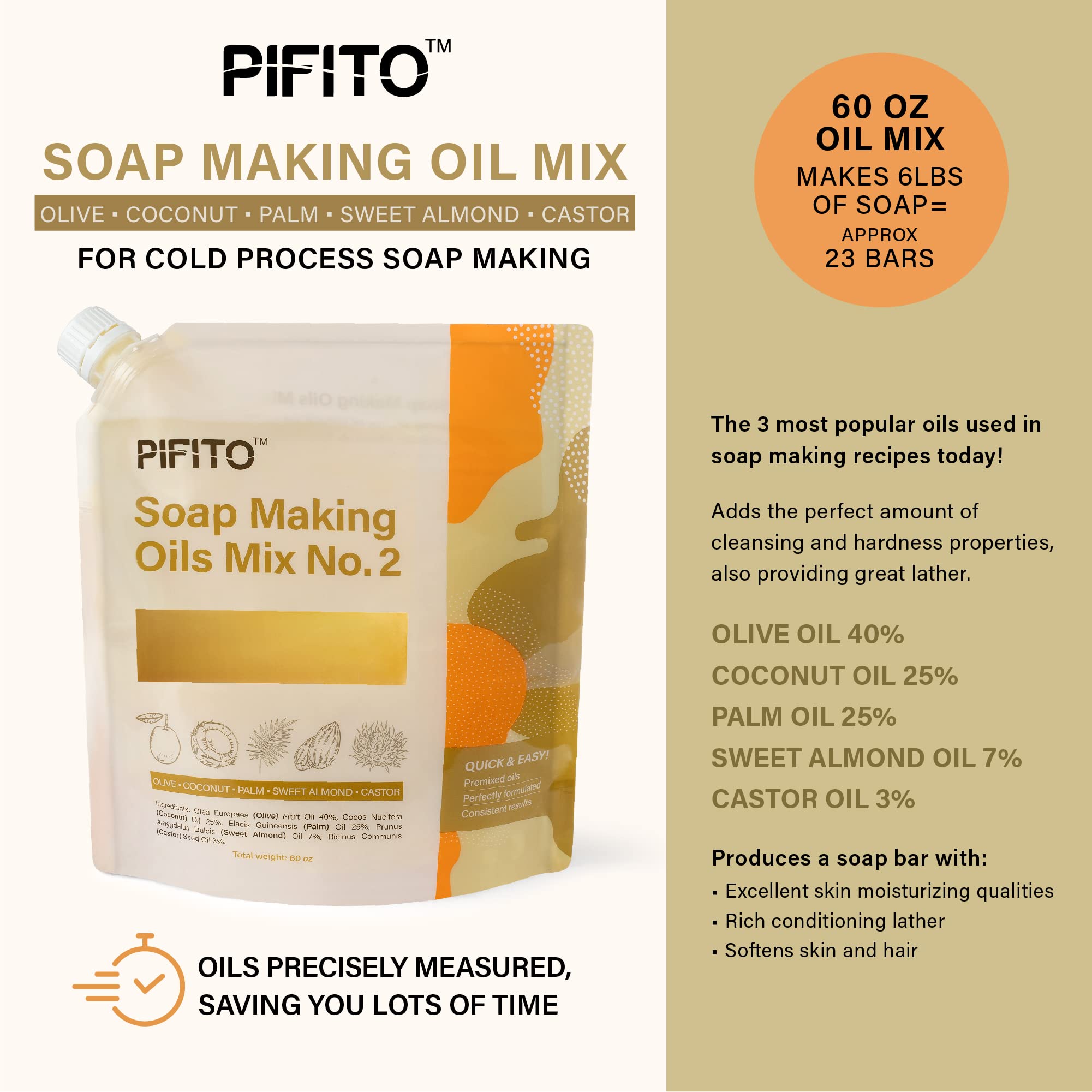 Pifito Soap Making Oils Mix No. 2 β 60 Oz Quick Mix Blend of Pre-Measured Oils for Cold Process Soap Making Supplies