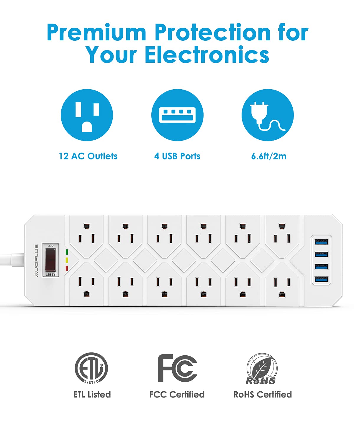 Power Strip Flat Plug, AUOPLUS Surge Protector with 12 Outlets and 4 USB Ports, 6.6 Feet Long Extension Cord (1875W/15A/3400 Joules), Mountable Power Strips for Home, Office, Dorm Essentials