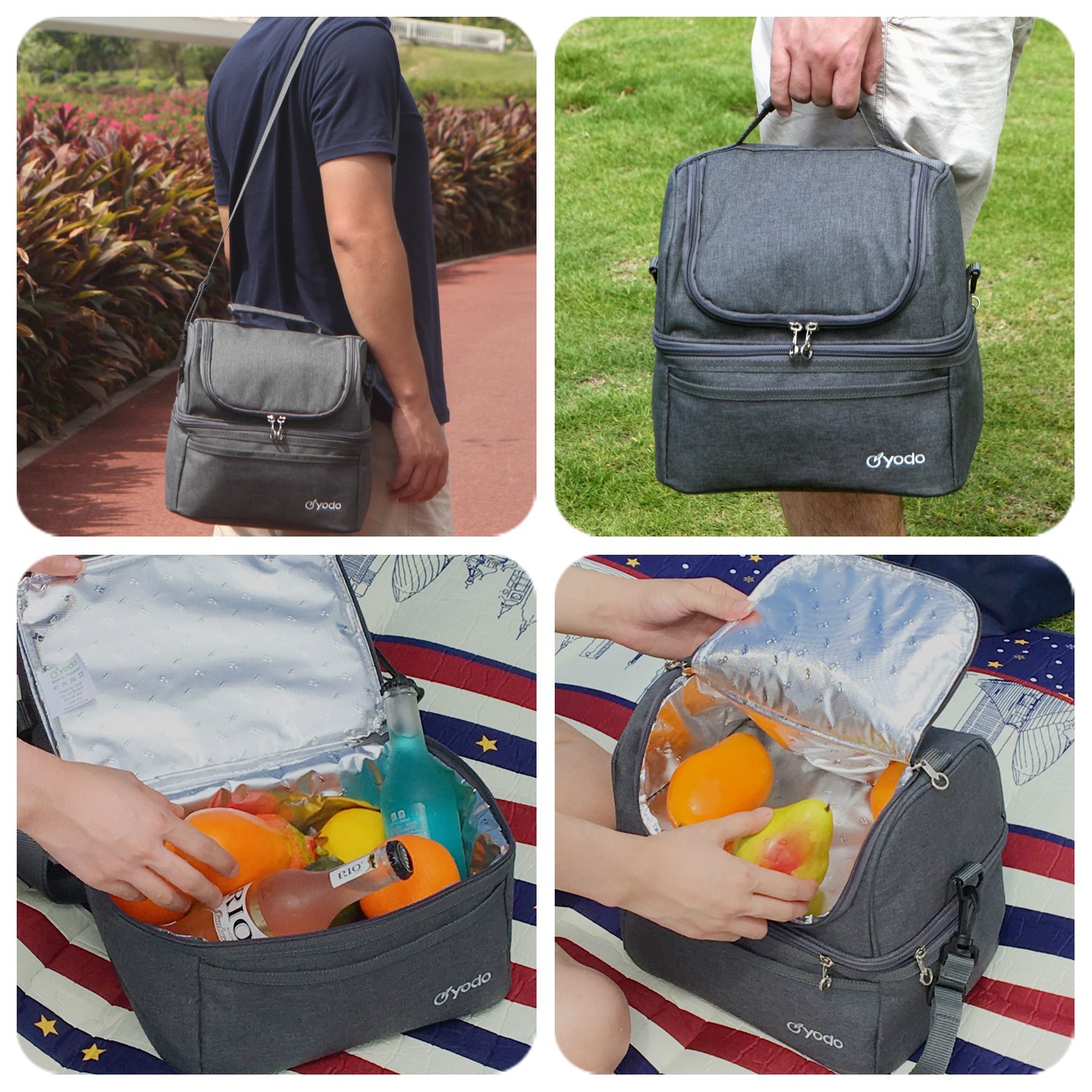 yodo Large Lunch Bag Double Layer Cooler Tote Bag for Adult Women and Men - Idea for Beach, Picnics, Road Trip, Meal Prep, Everyday Lunch to Work, Gray