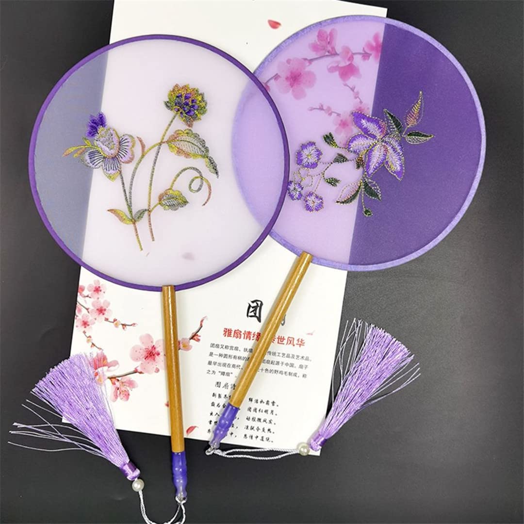 Women Dancing Embroidery Flower Handheld Wooden Handle Fan Vintage Translucent Chinese Style Round Silk Fans with Tassels